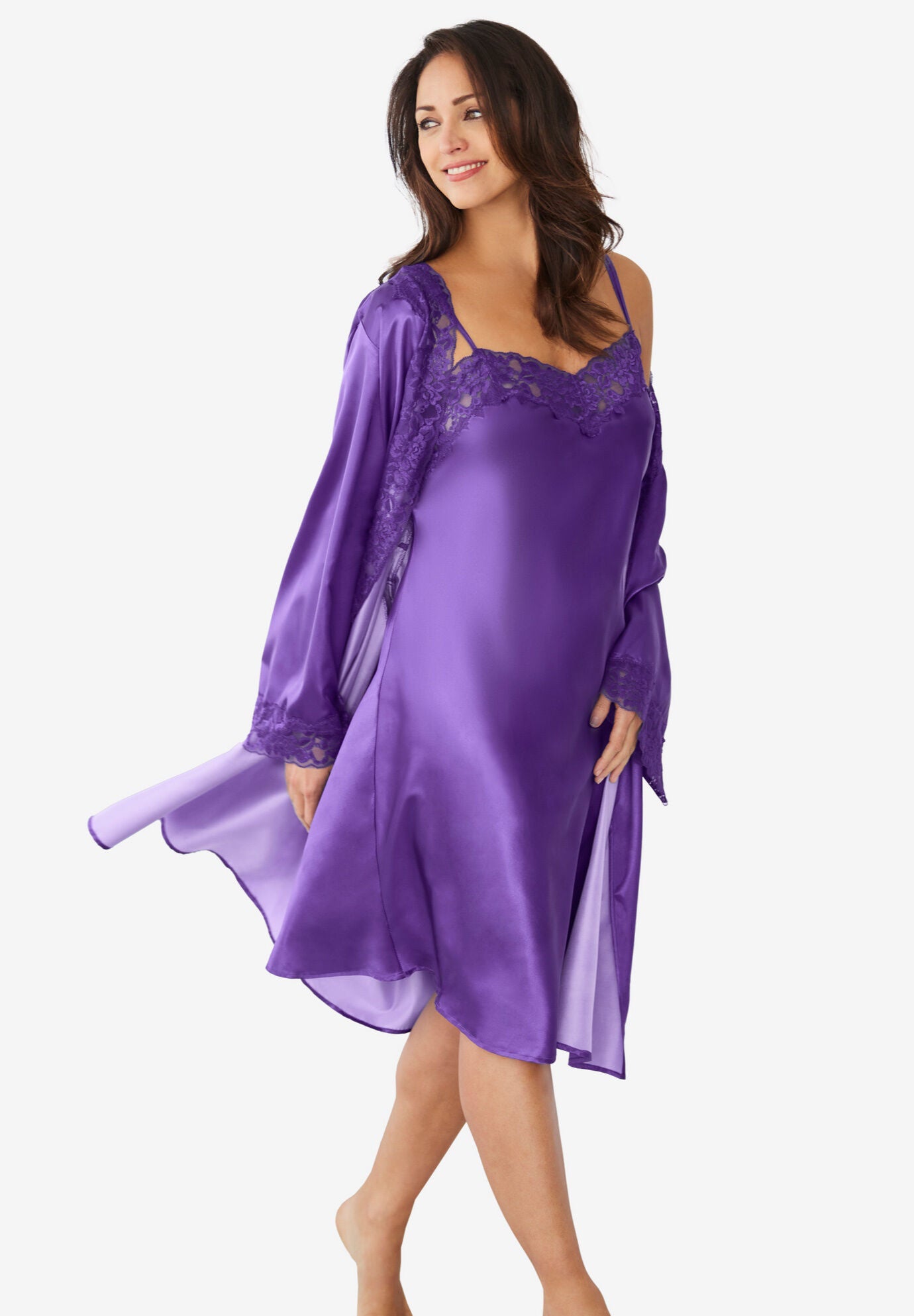Satin Peignoir Set - Lace Trimmed Elegance, Plum Burst | Catherines