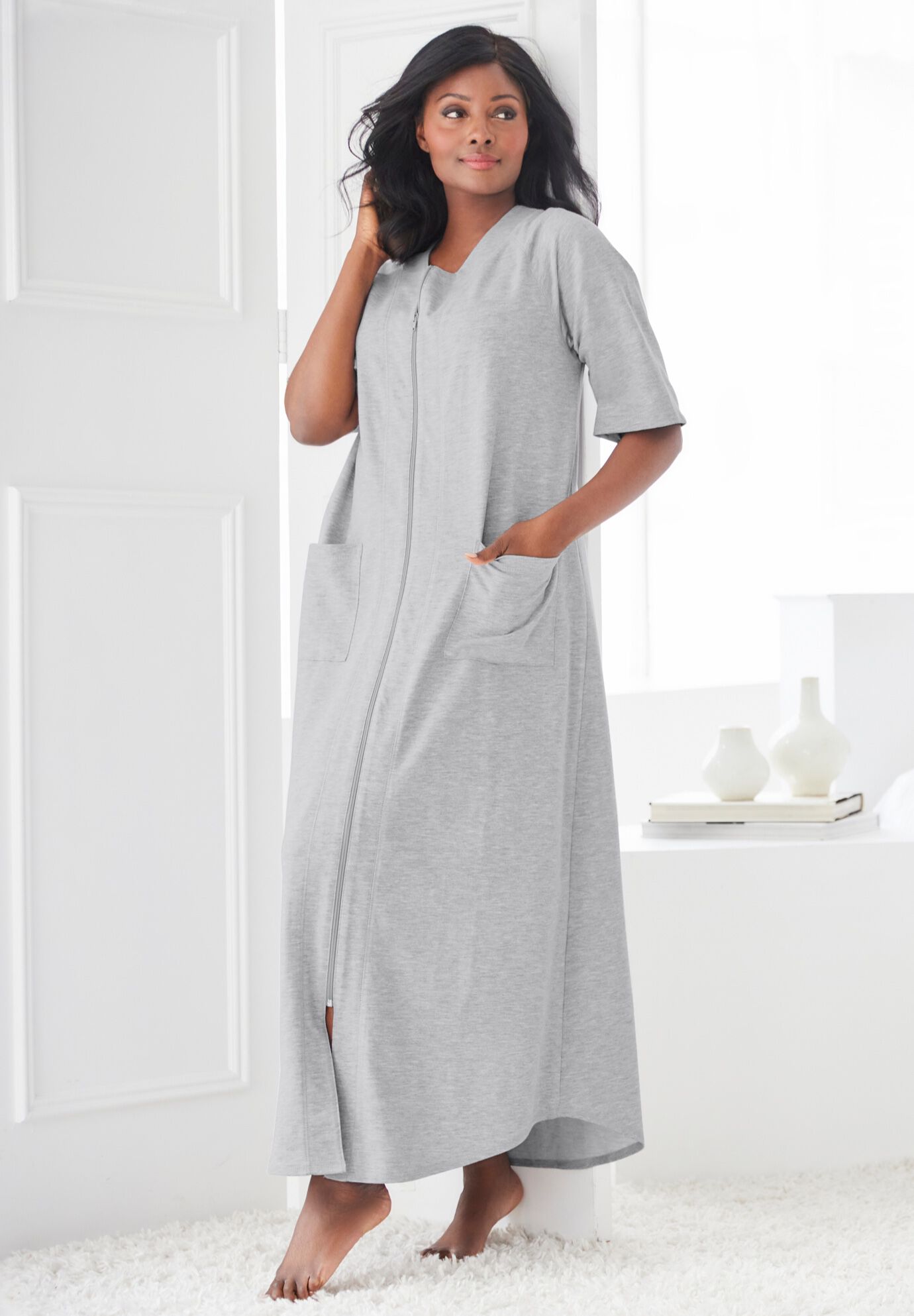 French Terry Zip-Front Long Robe - Sleepwear, Heather Grey | Catherines