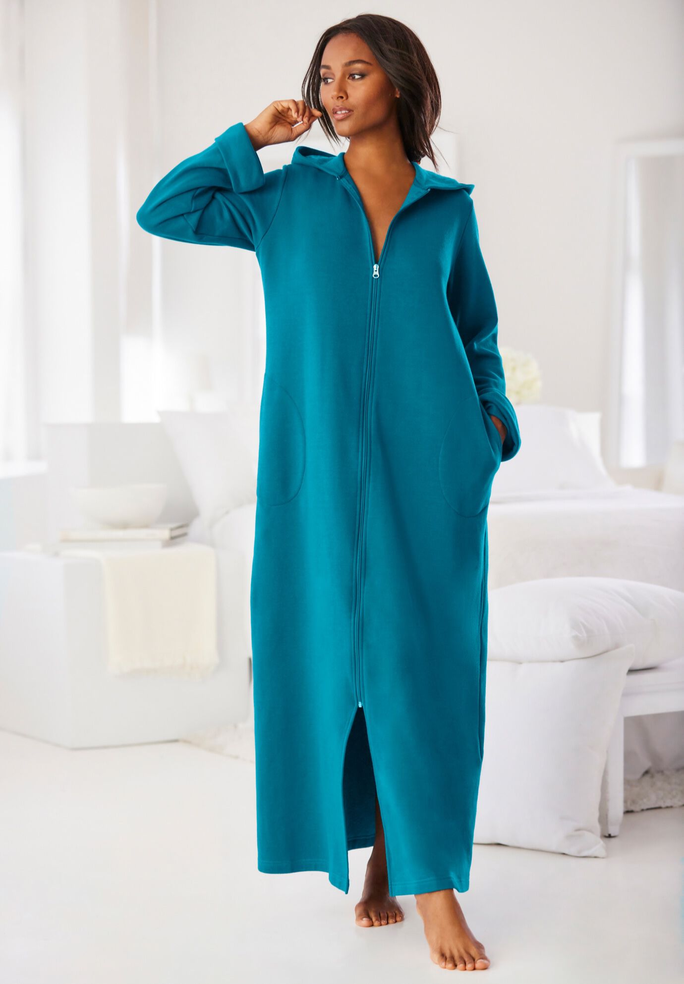 Short Hooded Sweatshirt Robe with Pockets, Plum Burst | Catherines