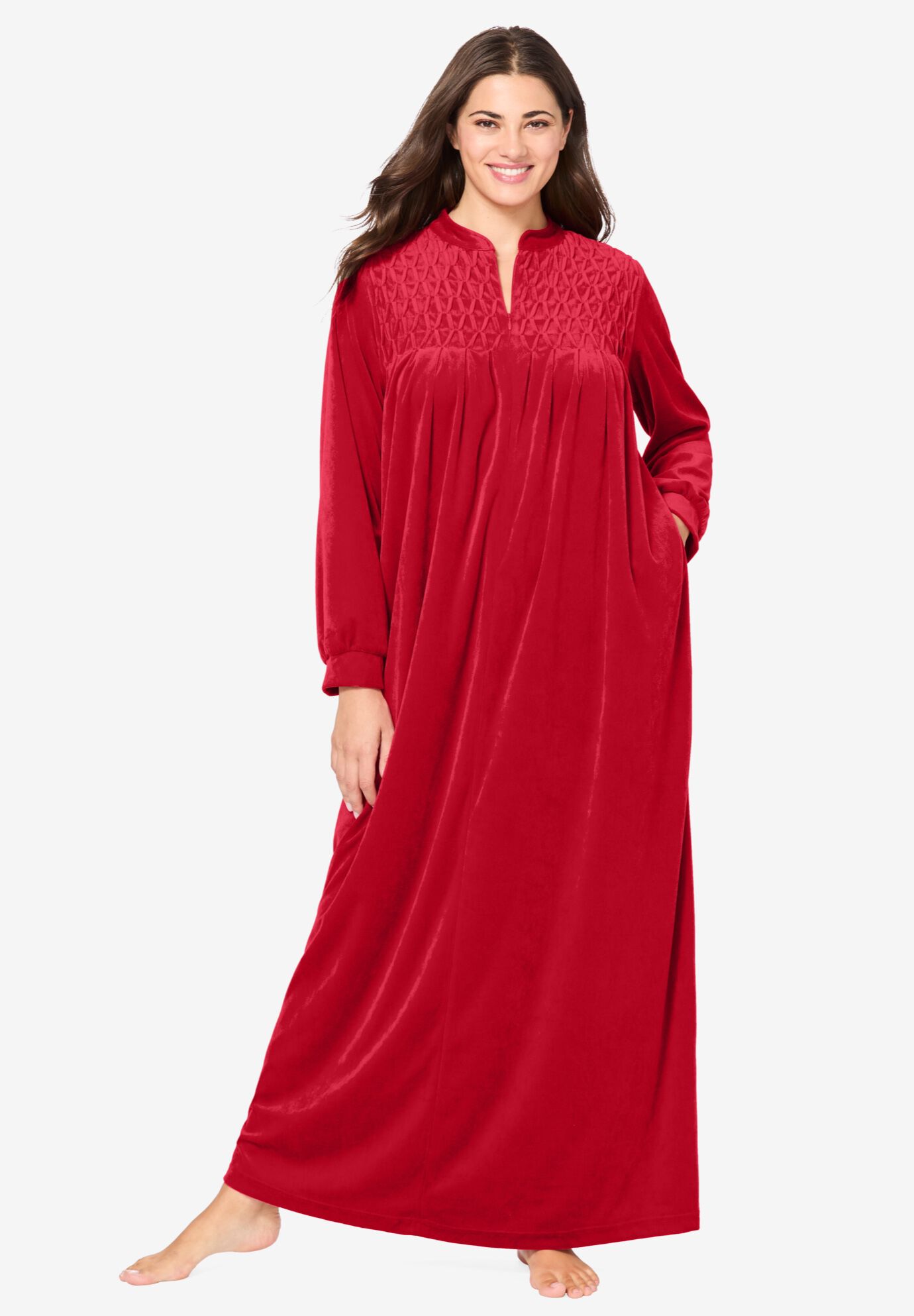 Smocked Velour Long Robe with Stand-Up Collar, Classic Red | Catherines