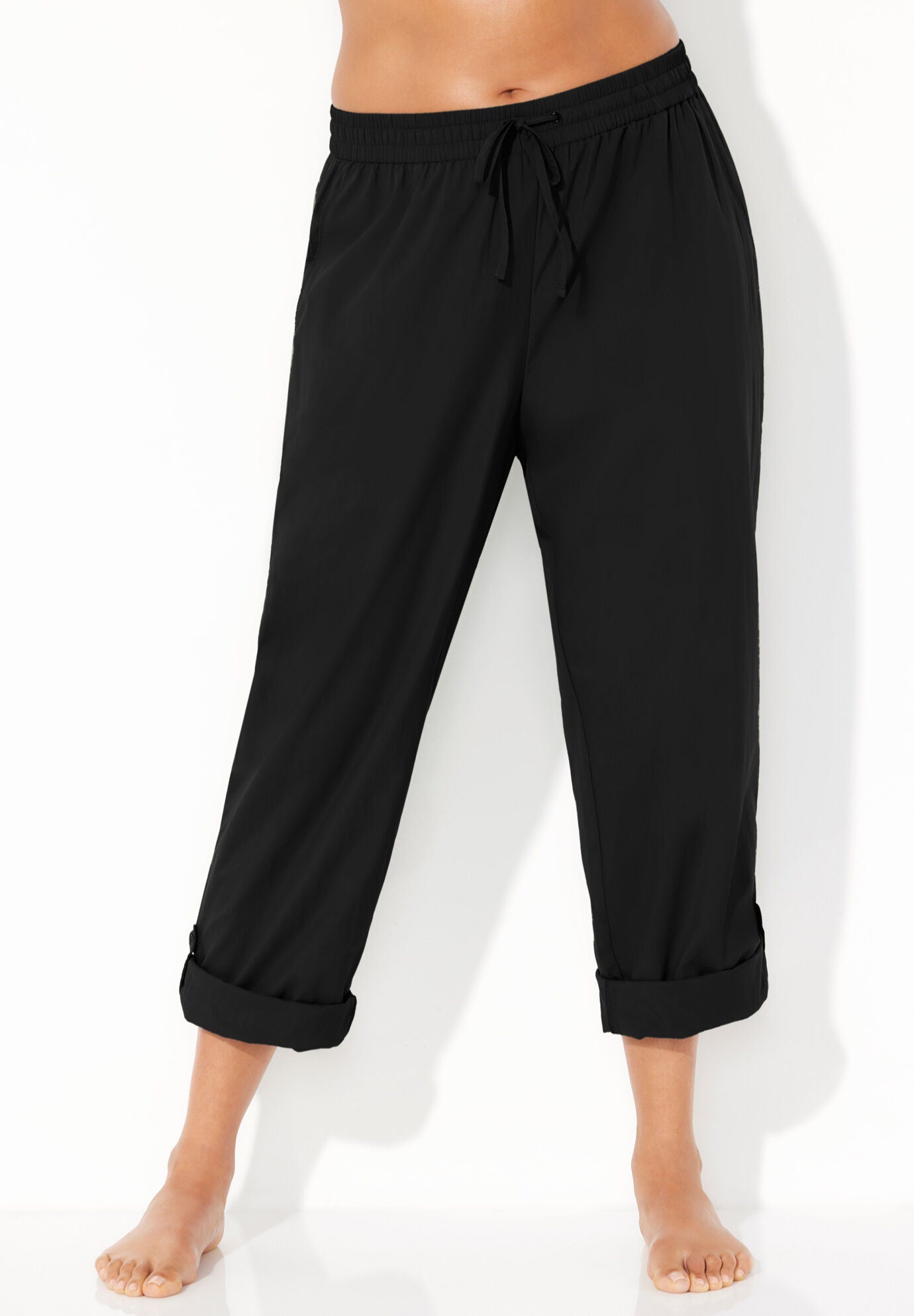 Quick-Dry Taslon® Cover Up Roll-Up Pant, Black | Catherines