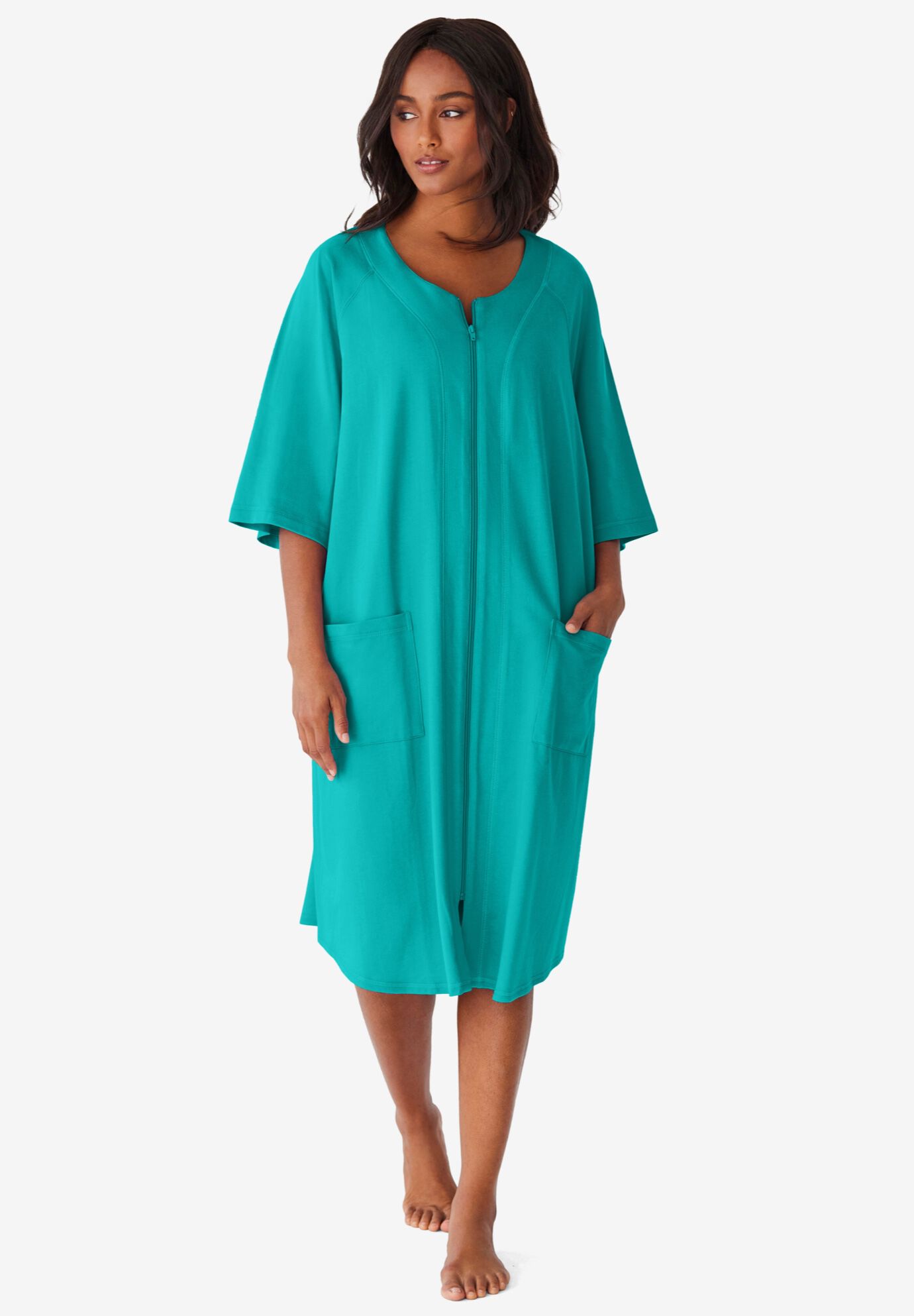French Terry Zip-Front Robe - Lounge Essential, Aquamarine | Catherines