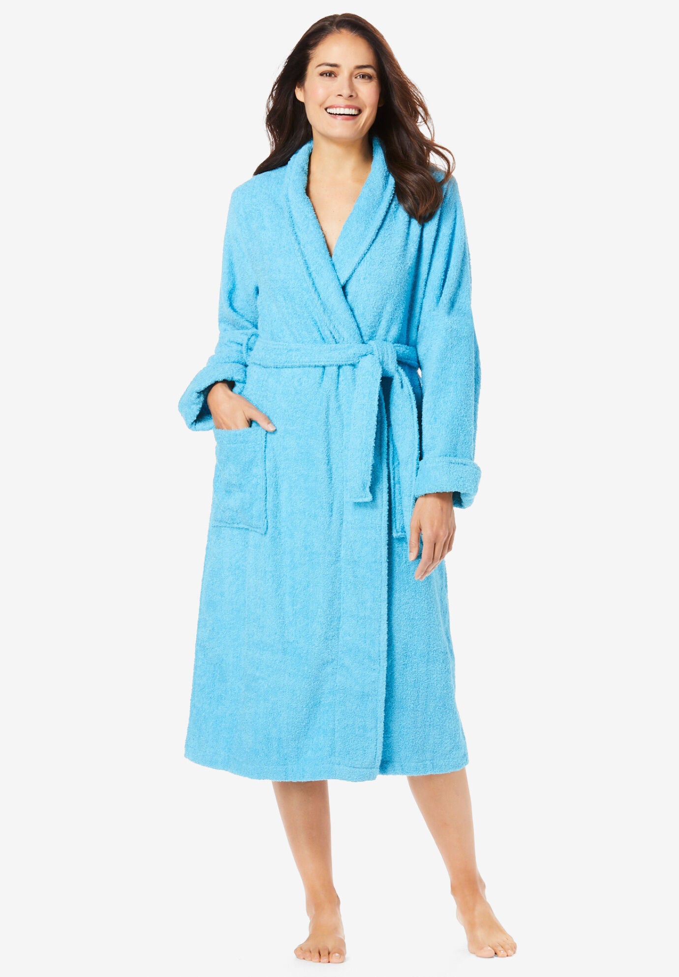 Short Terry Robe with Shawl Collar & Pockets, Paradise Blue | Catherines