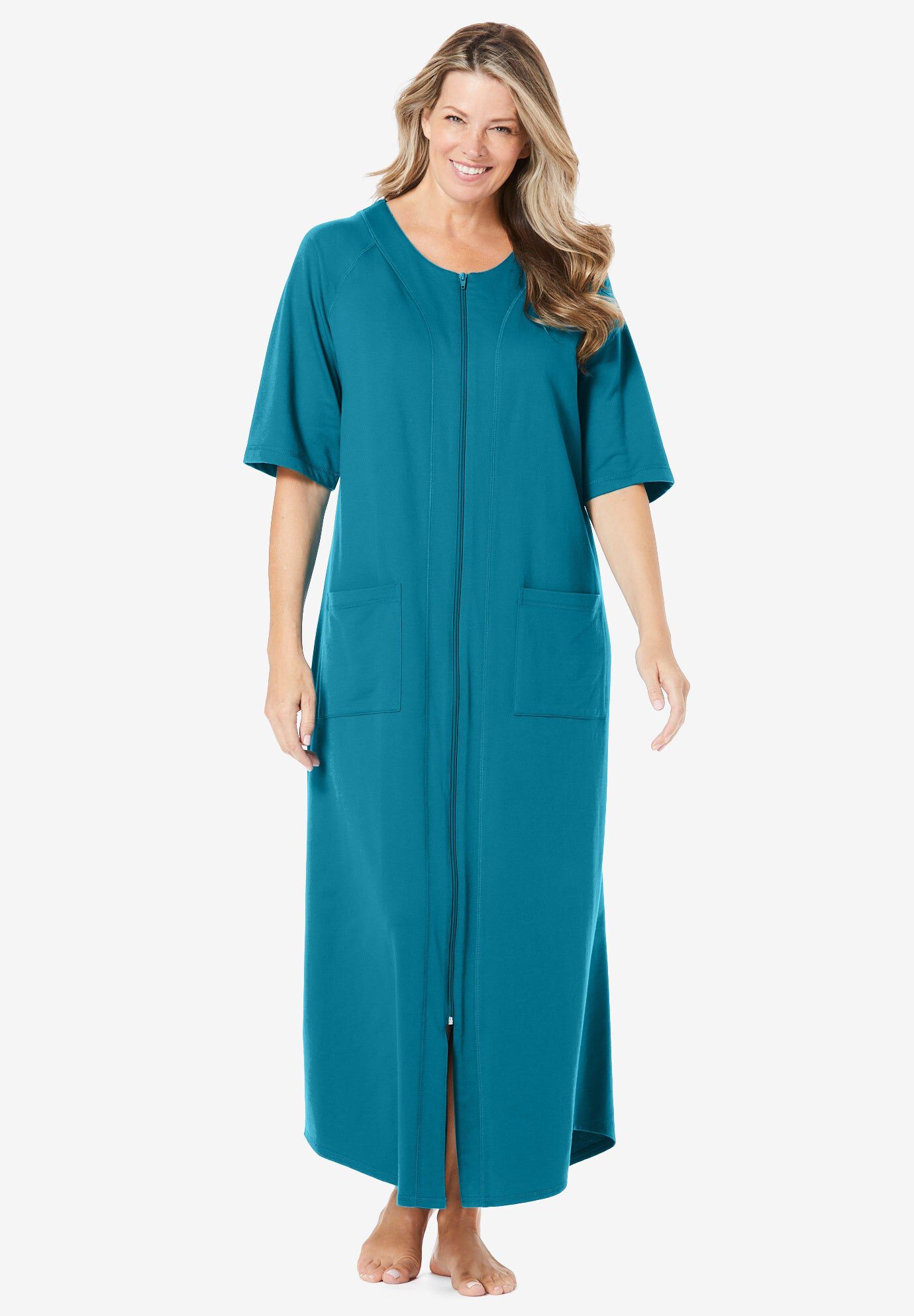 French Terry Zip-Front Long Robe - Sleepwear, Evening Blue | Catherines