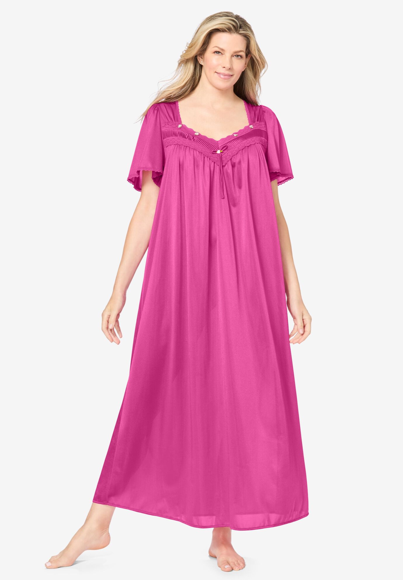 Silky Lace-Trim Gown - Shirred Front Yoke, Dark Berry Animal | Catherines
