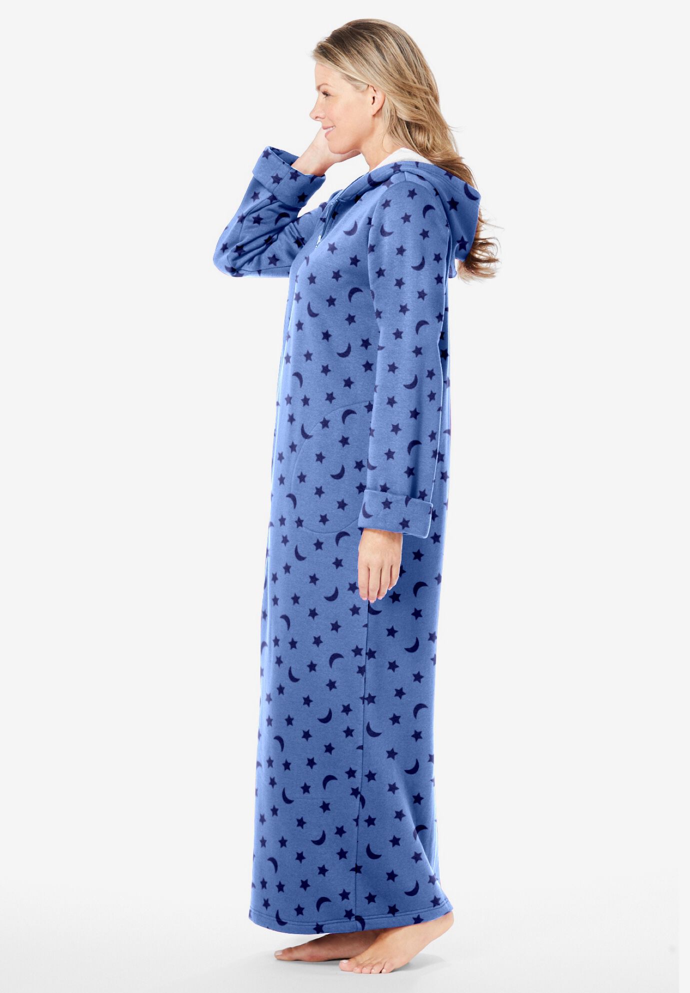 Hooded Fleece Robe with Full Front-Zip, French Blue Star Moon | Catherines