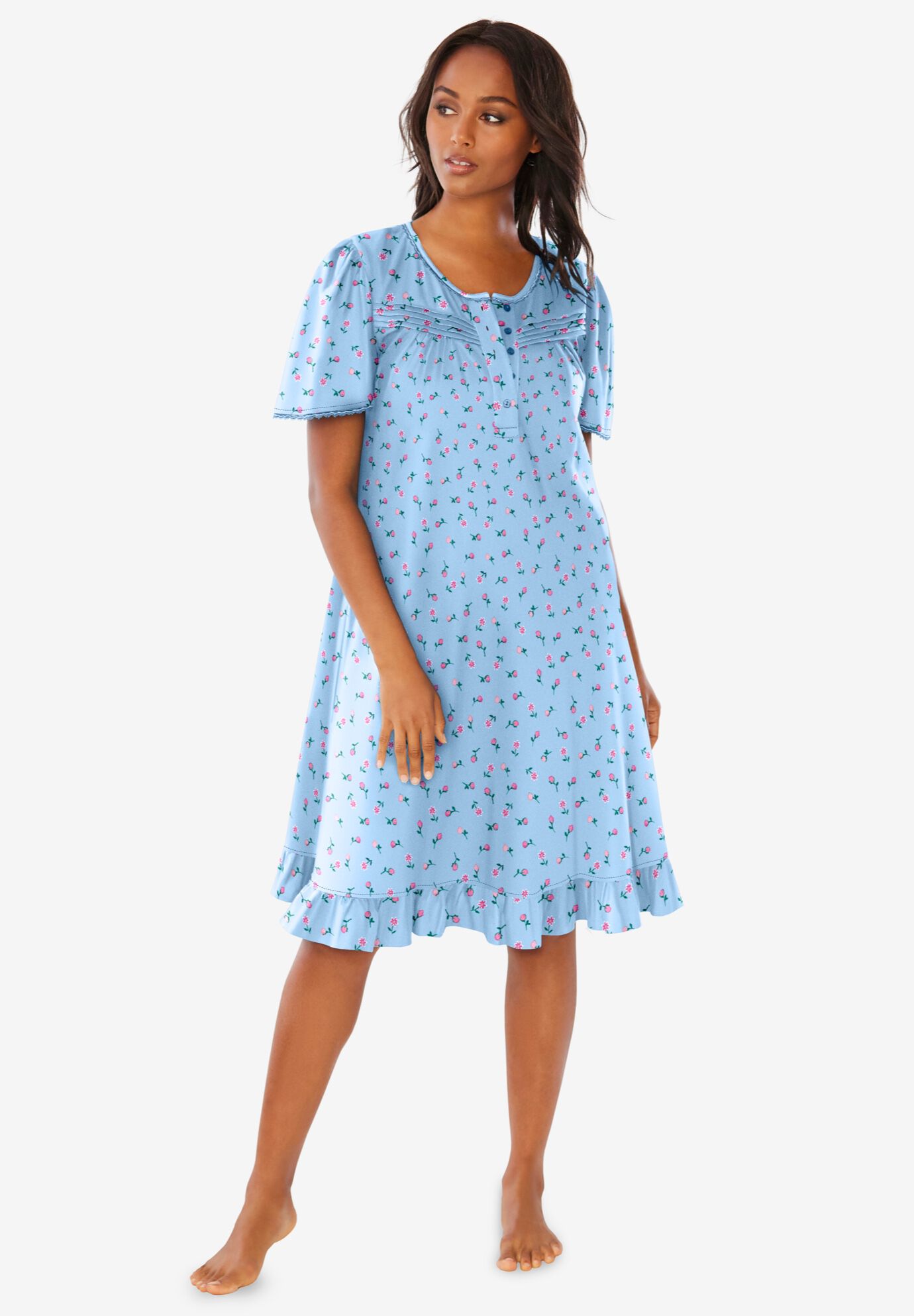 Short Flutter Sleeve Cotton Nightgown, Classic Red Cardinals | Catherines