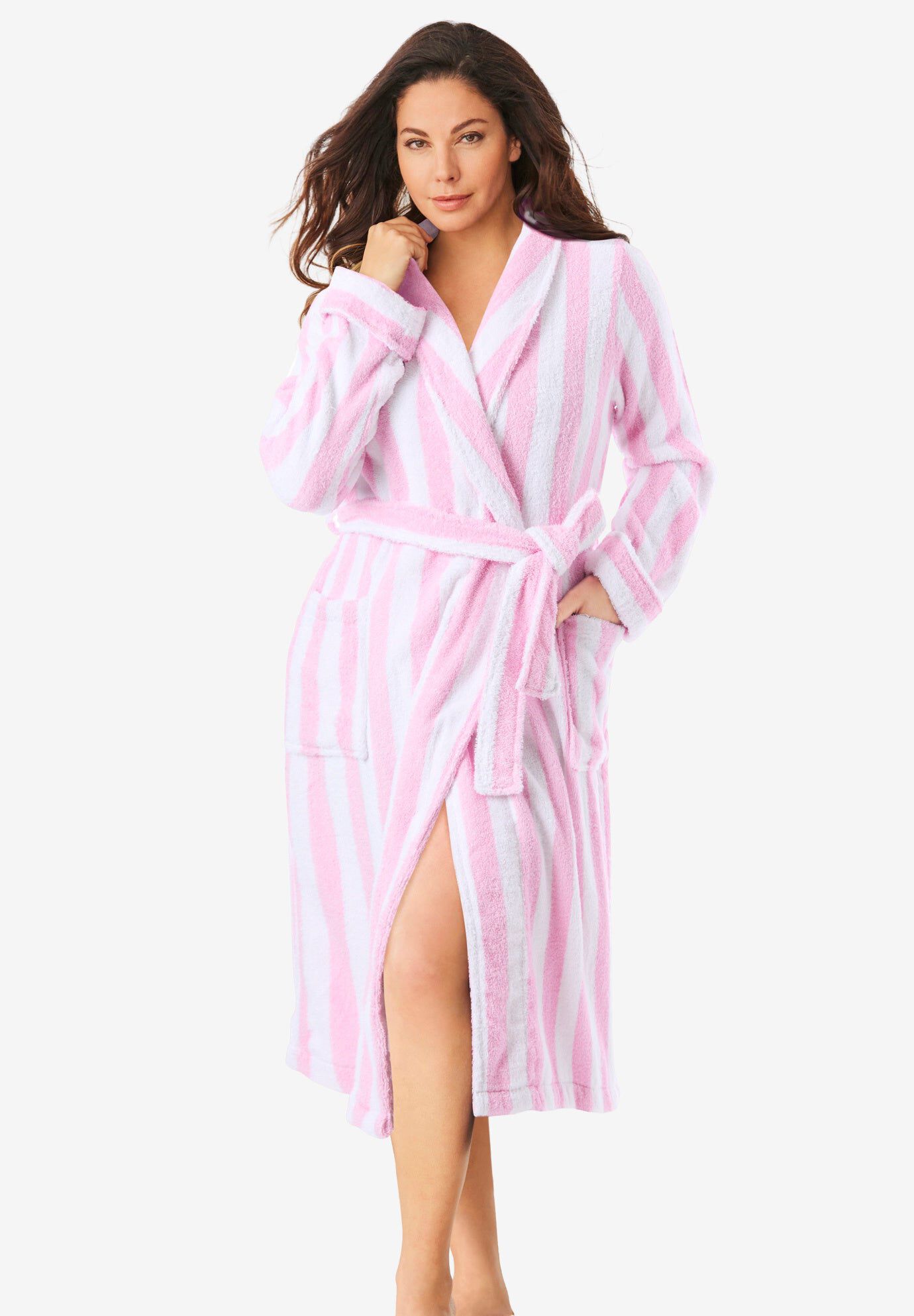 Short Terry Robe with Shawl Collar & Pockets, Pink Stripe | Catherines