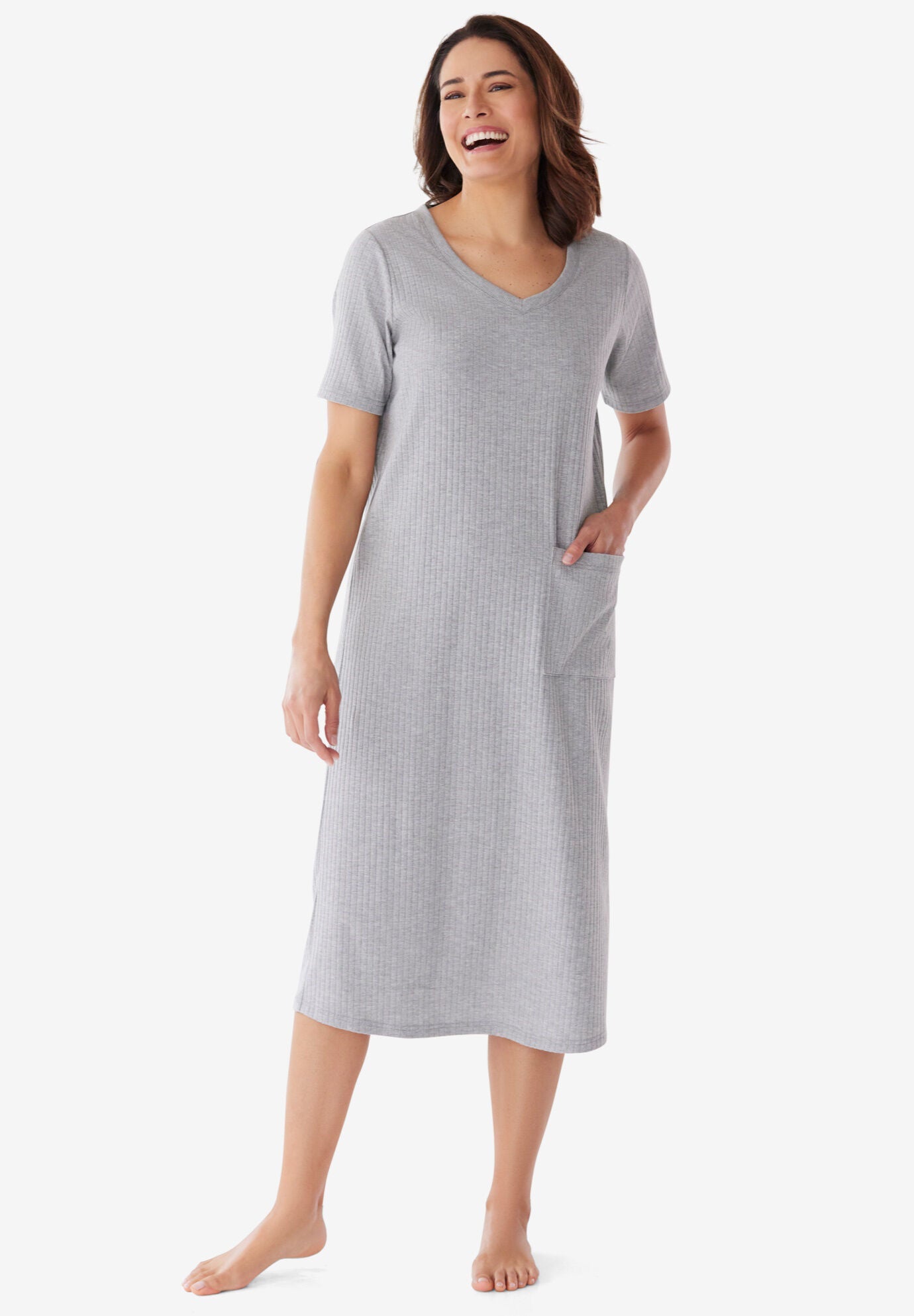 Cozy Ribbed Sleepshirt with Pockets V-Neck, Heather Grey | Catherines