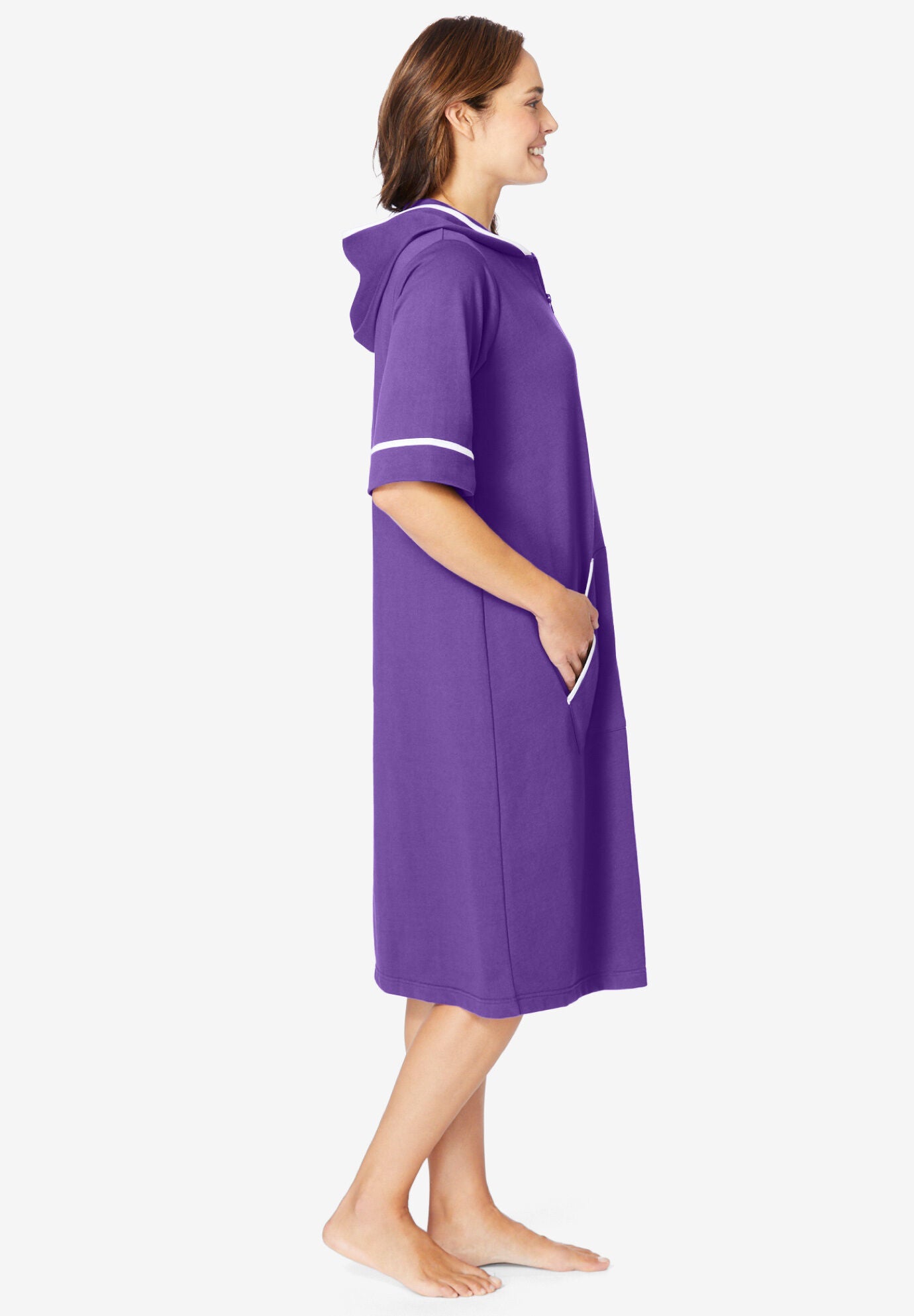 Short French Terry Robe with Hood and Pockets, Pink Burst | Catherines