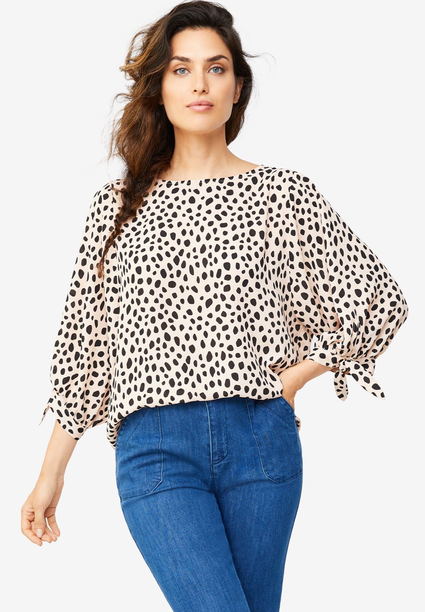 Tie-Sleeve Blouse With Keyhole Back, Soft Beige Black Dot | Catherines