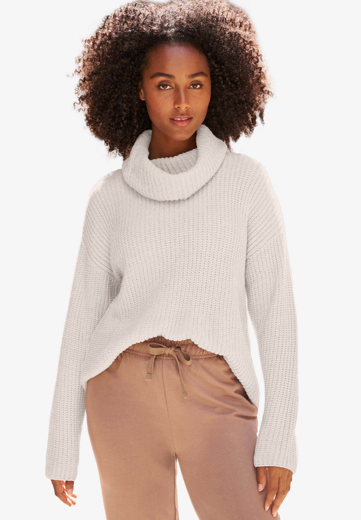 Cozy Chenille Turtleneck Sweater - Boxy Style, Stone | Catherines