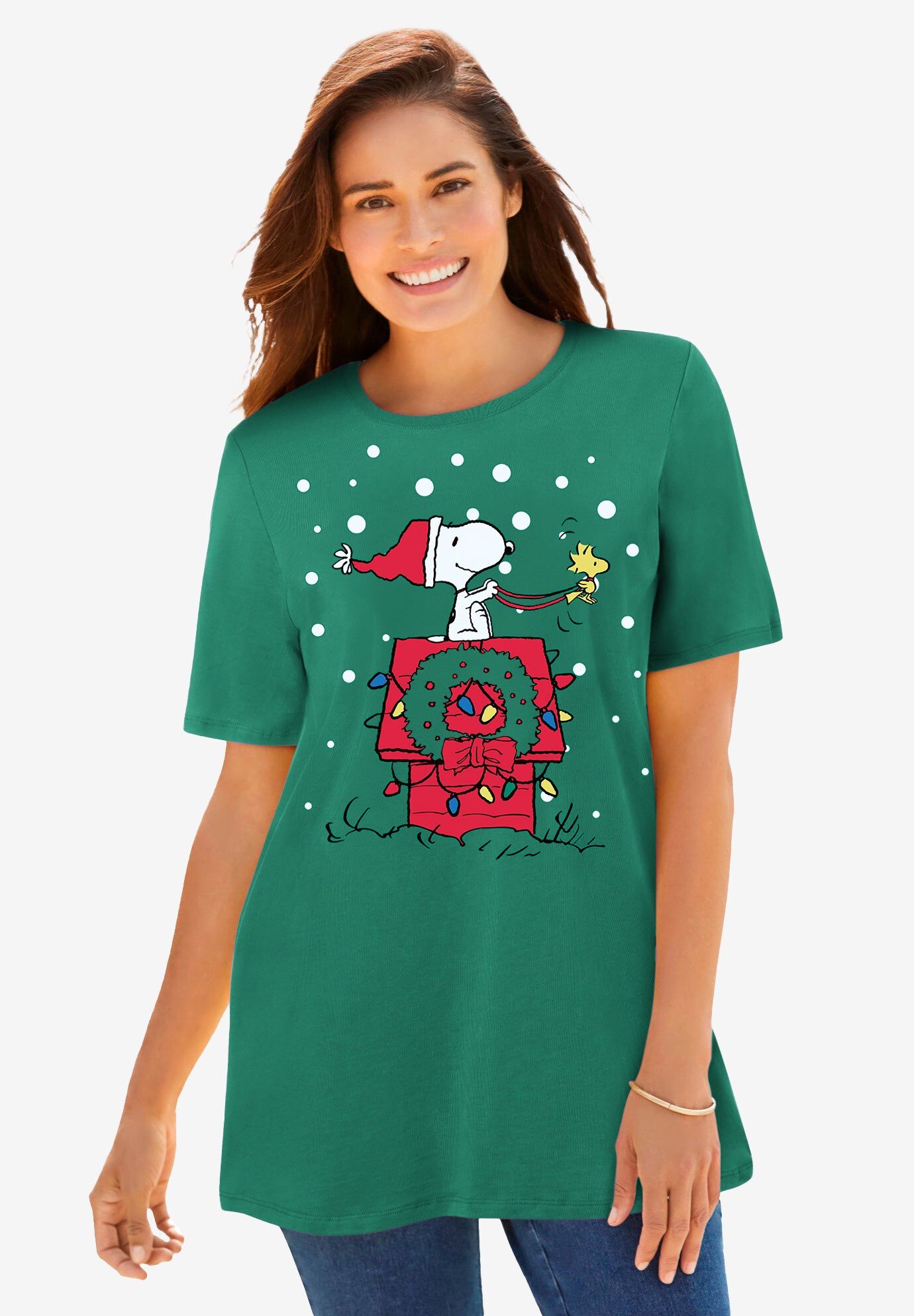 Peanuts Green Snoopy Sleigh Tee | Catherines