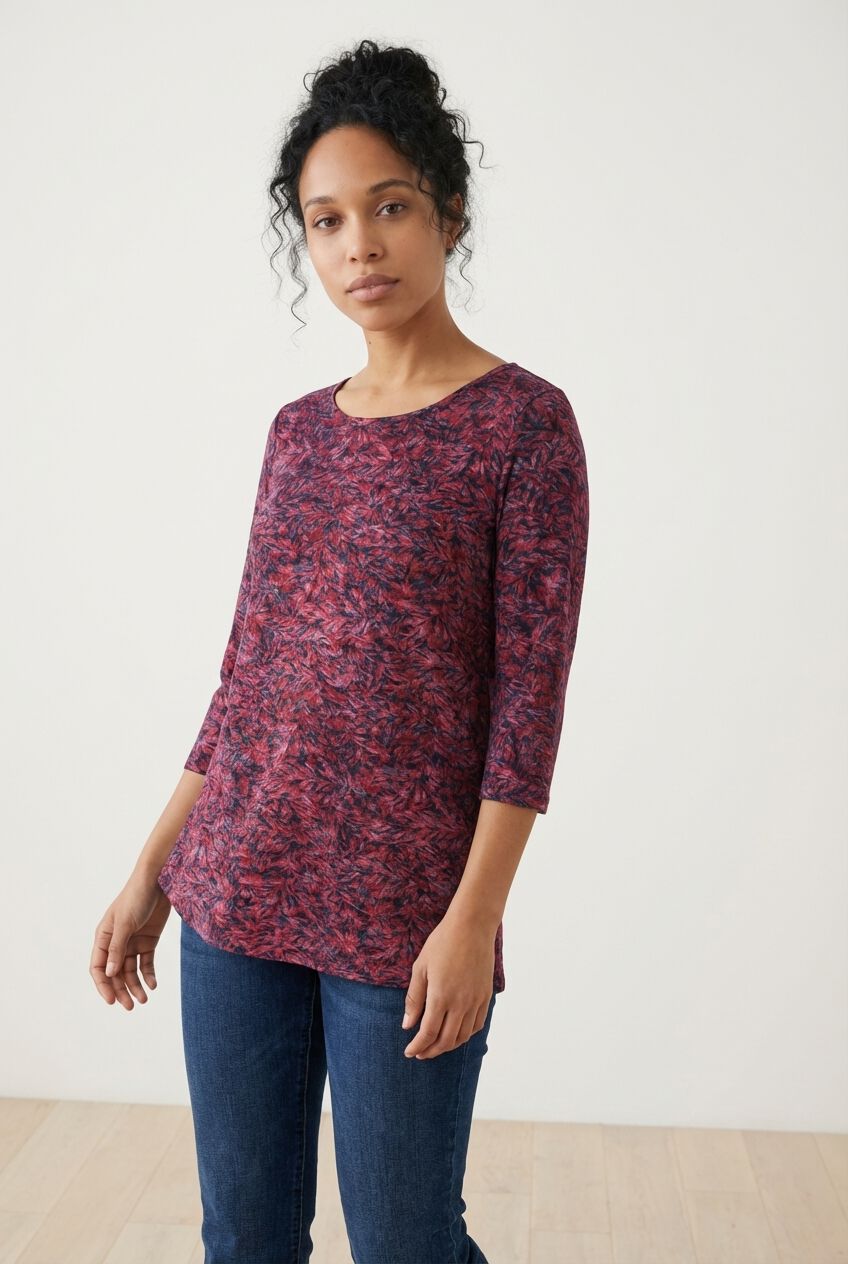 Three-Quarter Sleeve Curved Hem Tunic Top, White Blue Cove Floral ...