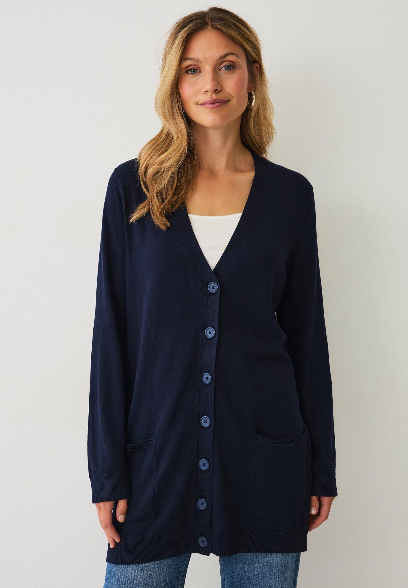 Long Boyfriend Cardigan with Tortoise Buttons, Black | Catherines