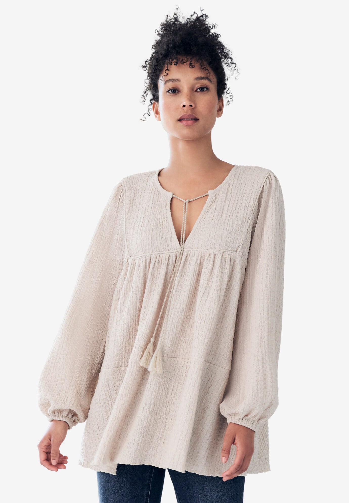 Textured Knit Tunic with Keyhole and Tiers, Stone | Catherines