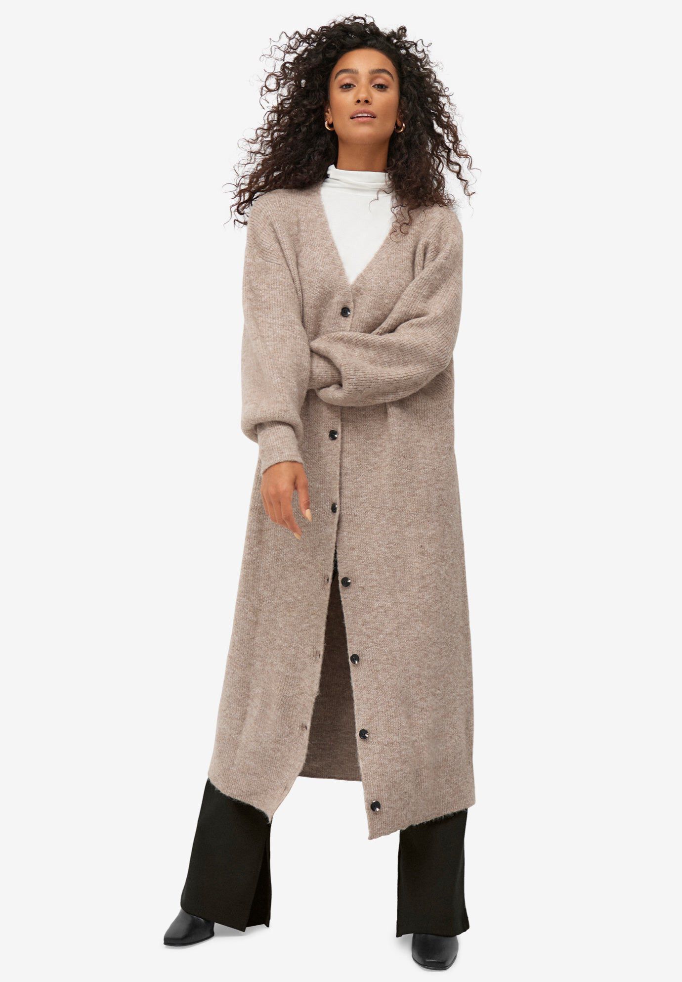 Button Front Duster Cardigan with Blouson Sleeves, Heather Beige ...