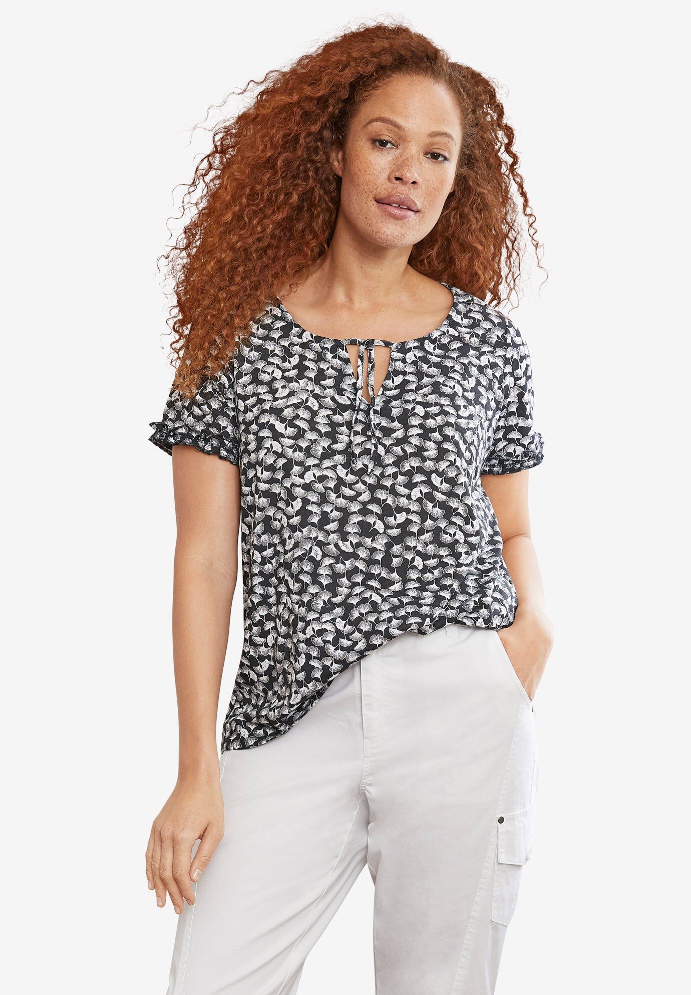 Keyhole Tee with Ruffle Trim - Warm Weather Essential, Black White ...