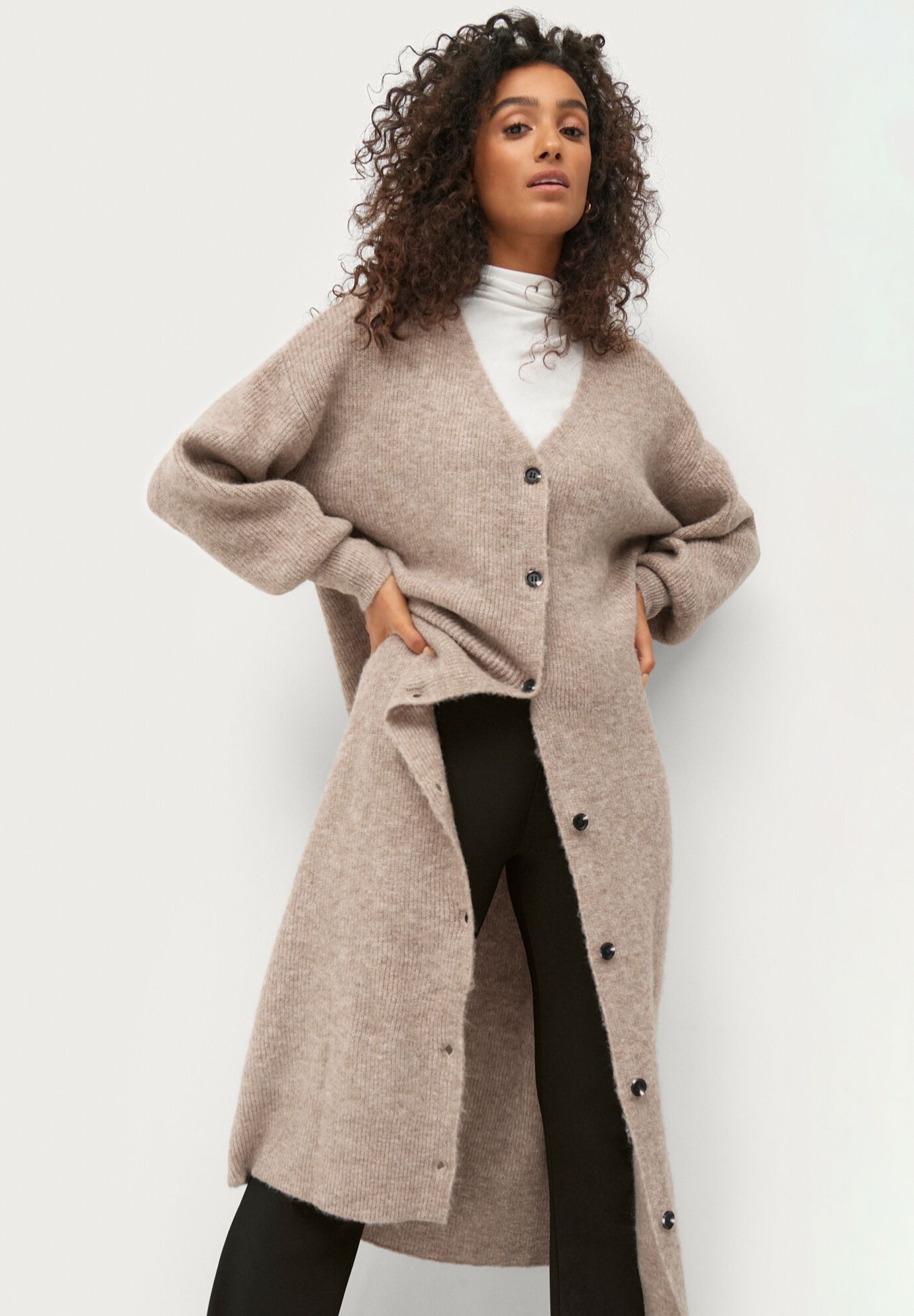 Button Front Duster Cardigan with Blouson Sleeves, Black | Catherines