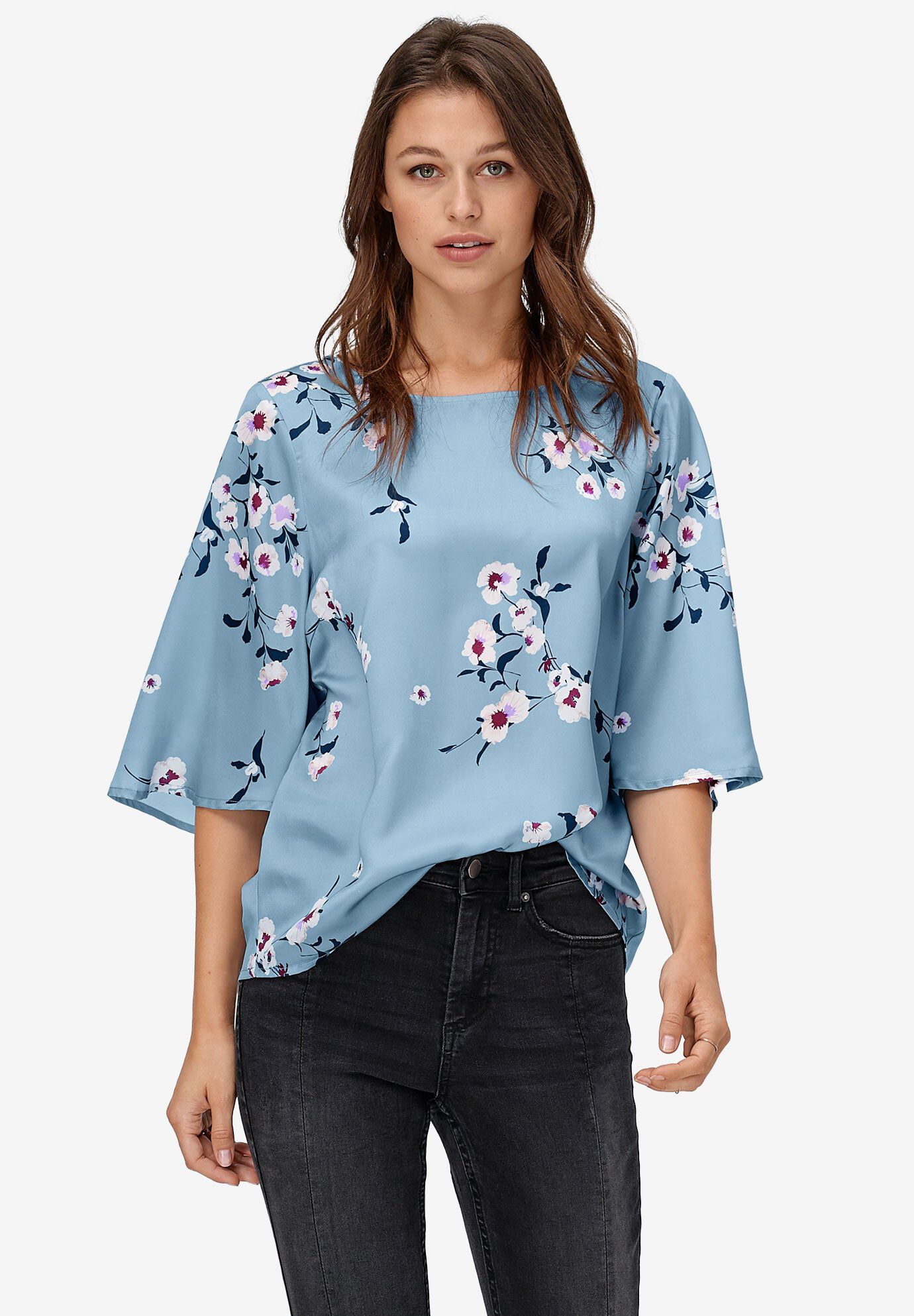 Relaxed Wide Sleeve Blouse - Boxy Silhouette, Blue Lake Floral | Catherines