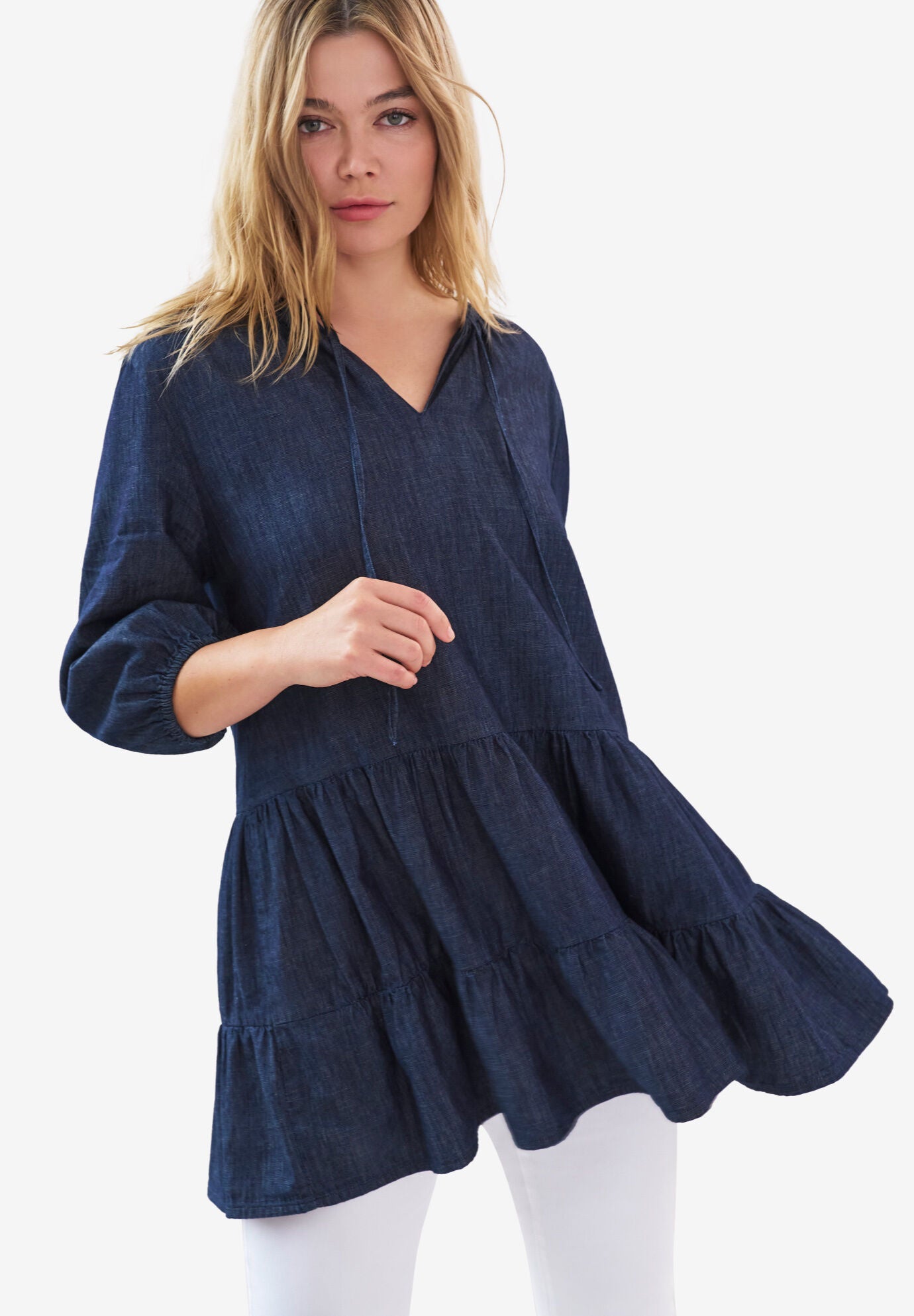 Tiered Denim Tunic Keyhole Neckline ¾ Sleeves, 4465277 | Catherines