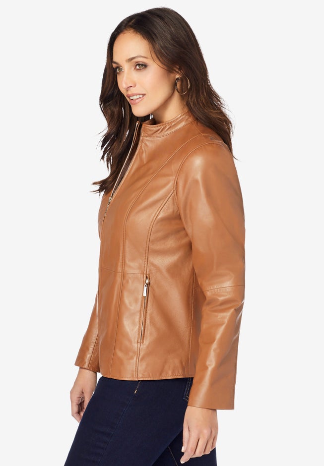 Leather Jacket with Zip Front and Pockets, Black | Catherines