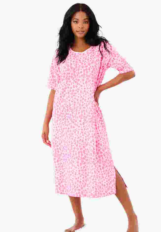 Long Soft Cotton Sleepshirt with Satin Trim, Pink Leopard | Catherines