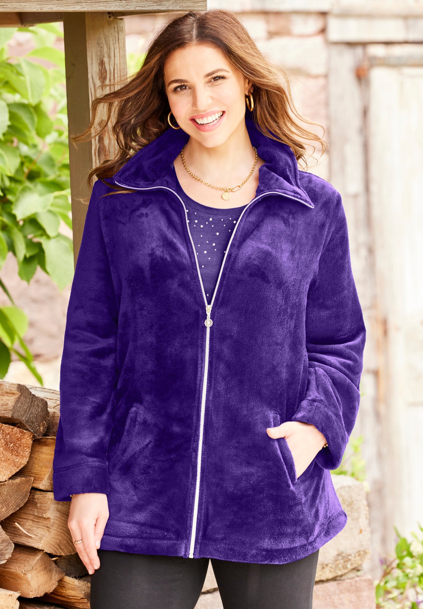 Ultimate Plush Jacket - Cozy Velvety Soft Design, Deep Grape | Catherines