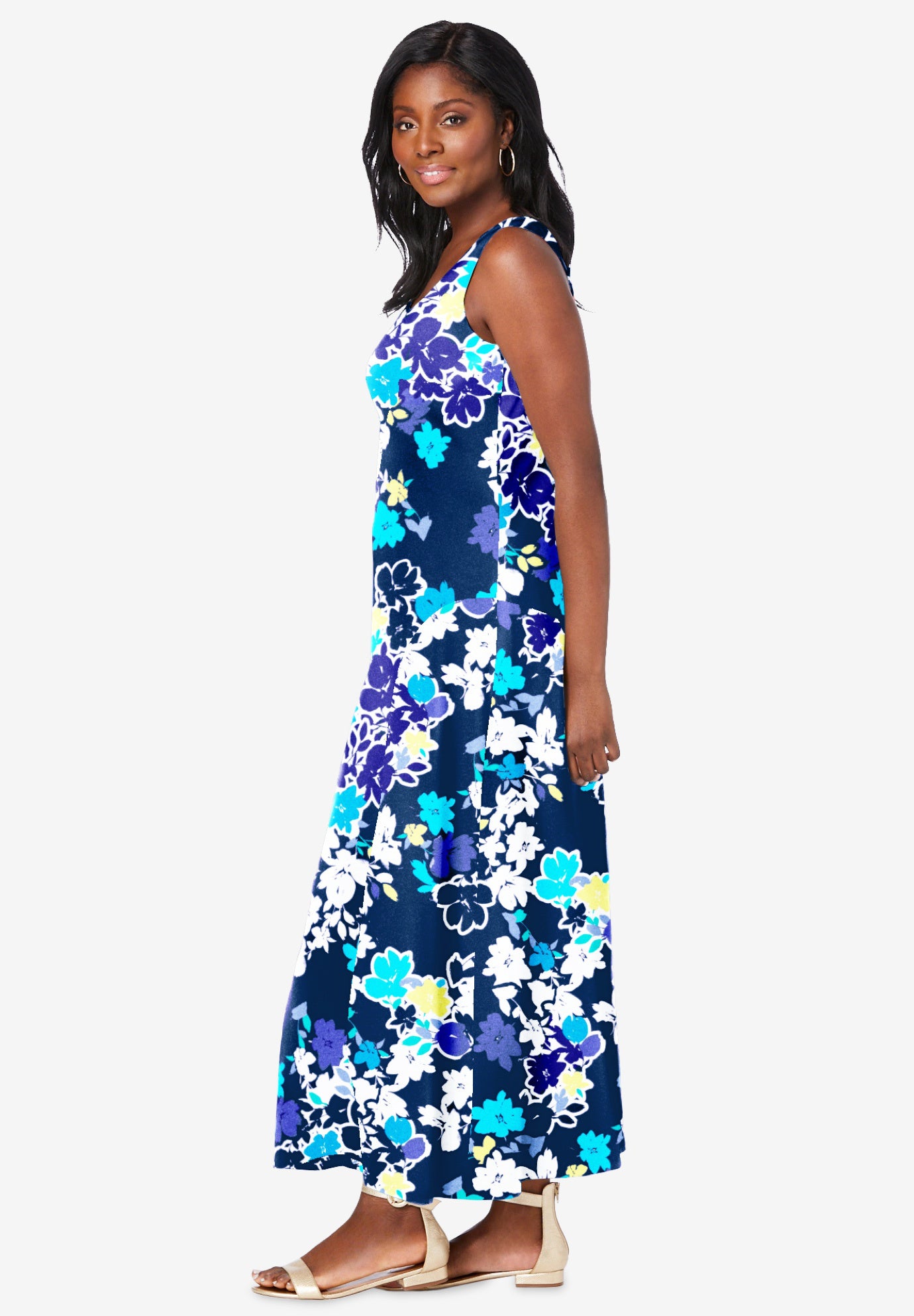 Stretch Cotton Tank Maxi Dress A-Line Fit, Ocean Print | Catherines