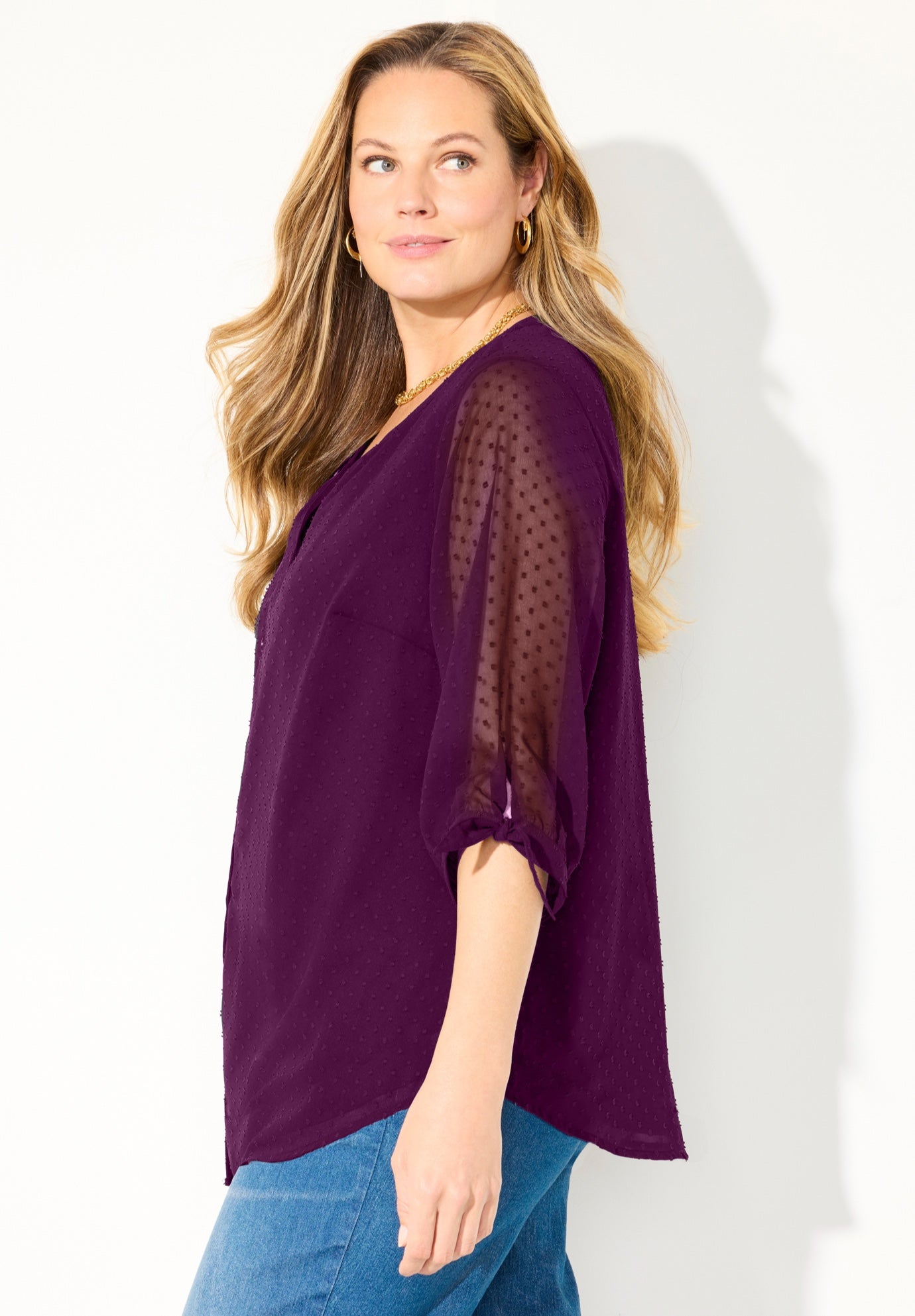 Swiss Dot Tie Sleeve Blouse | Catherines