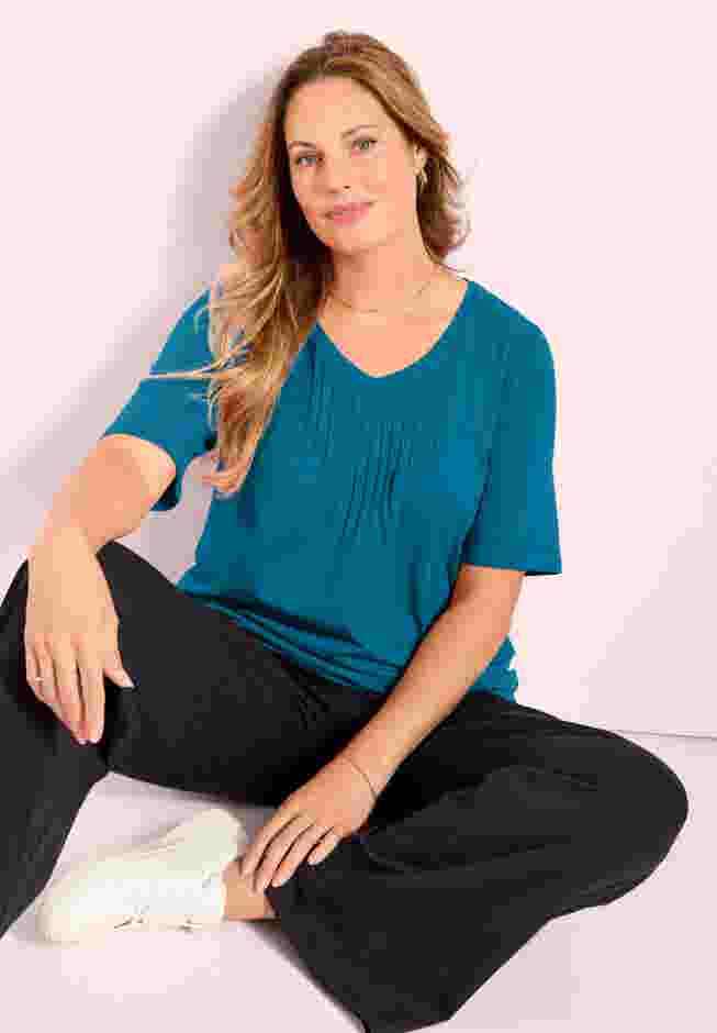Suprema® Pintuck Tee - Soft, Stretch Cotton, Turkish Tile | Catherines