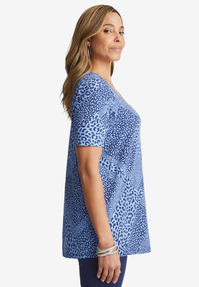 Stretch Cotton Square Neck Tunic - A-Line Fit, Black Abstract Ikat ...