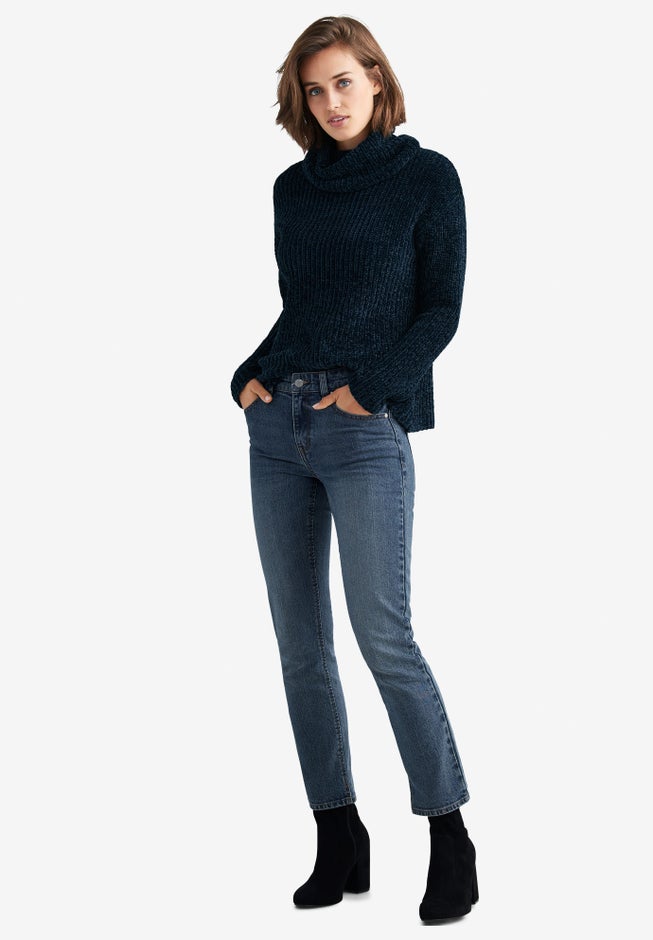 Cozy Chenille Turtleneck Sweater - Boxy Style, Navy | Catherines