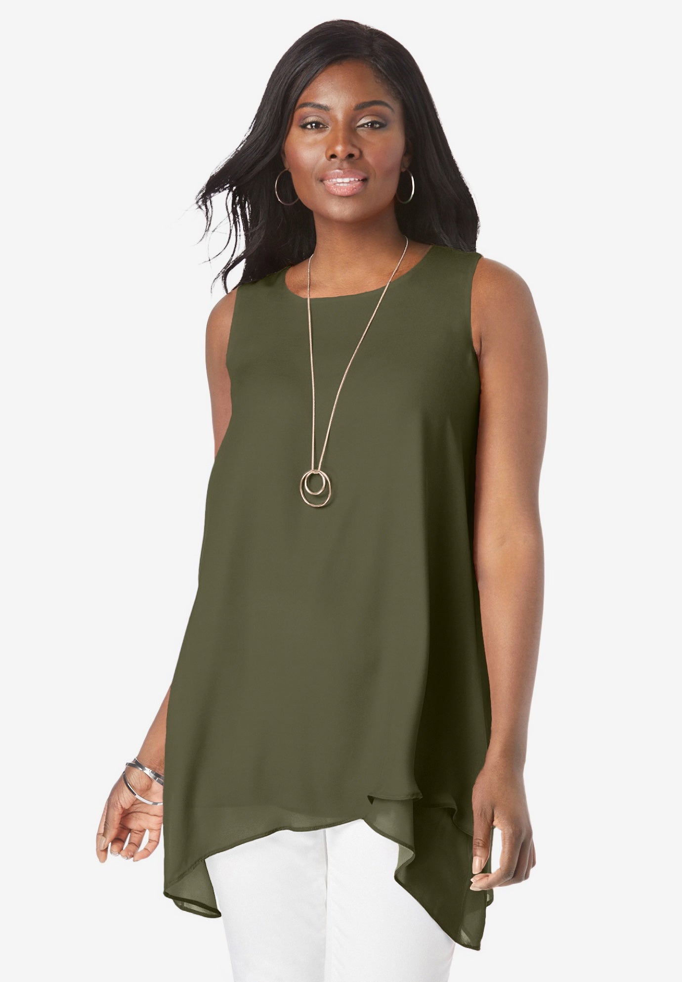 Flowing Crinkled Tunic with Pointed Sides, Dark Olive Green | Catherines