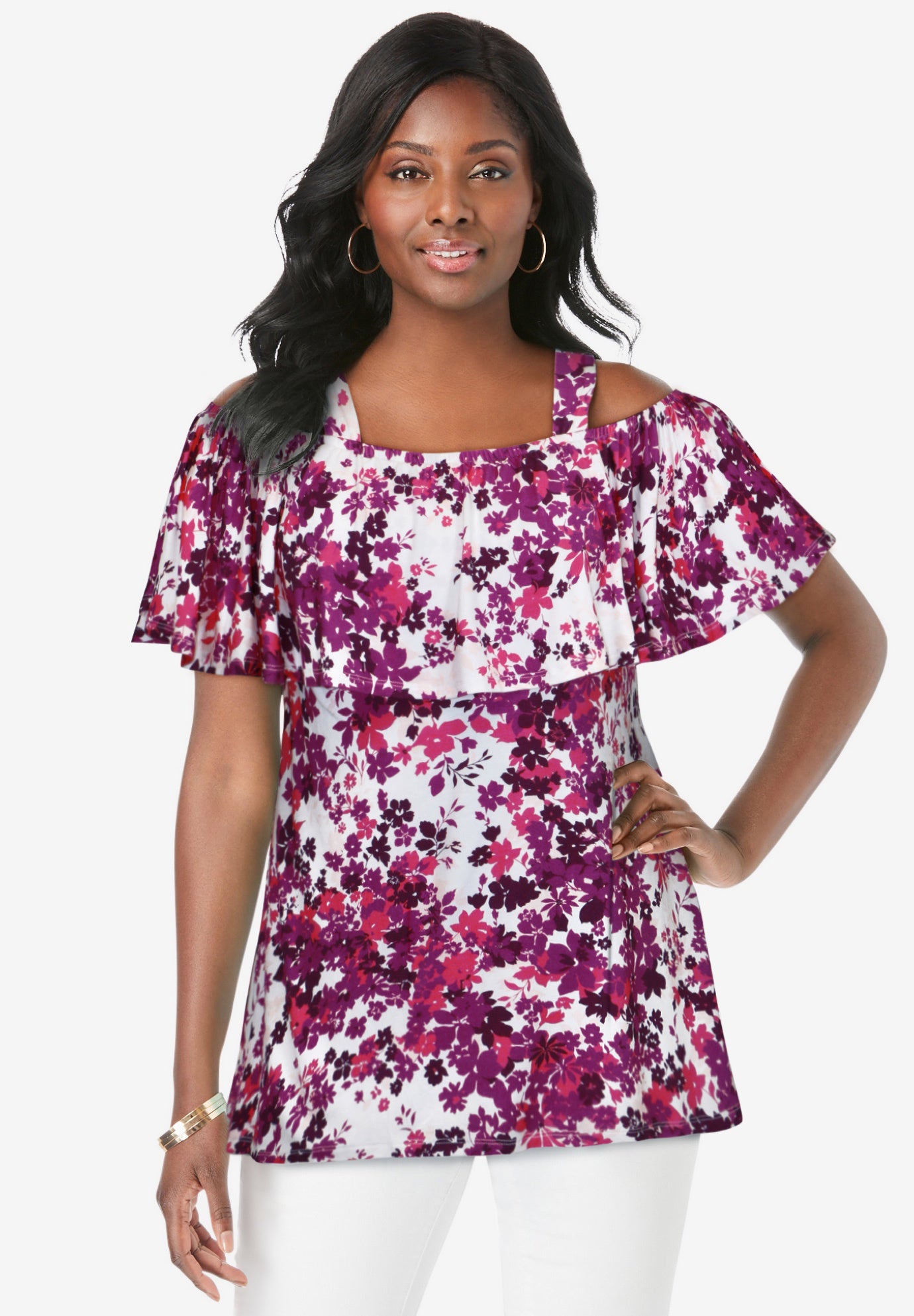 Knit Cold Shoulder Ruffle Tunic for Chic Warm Weather, Raspberry ...