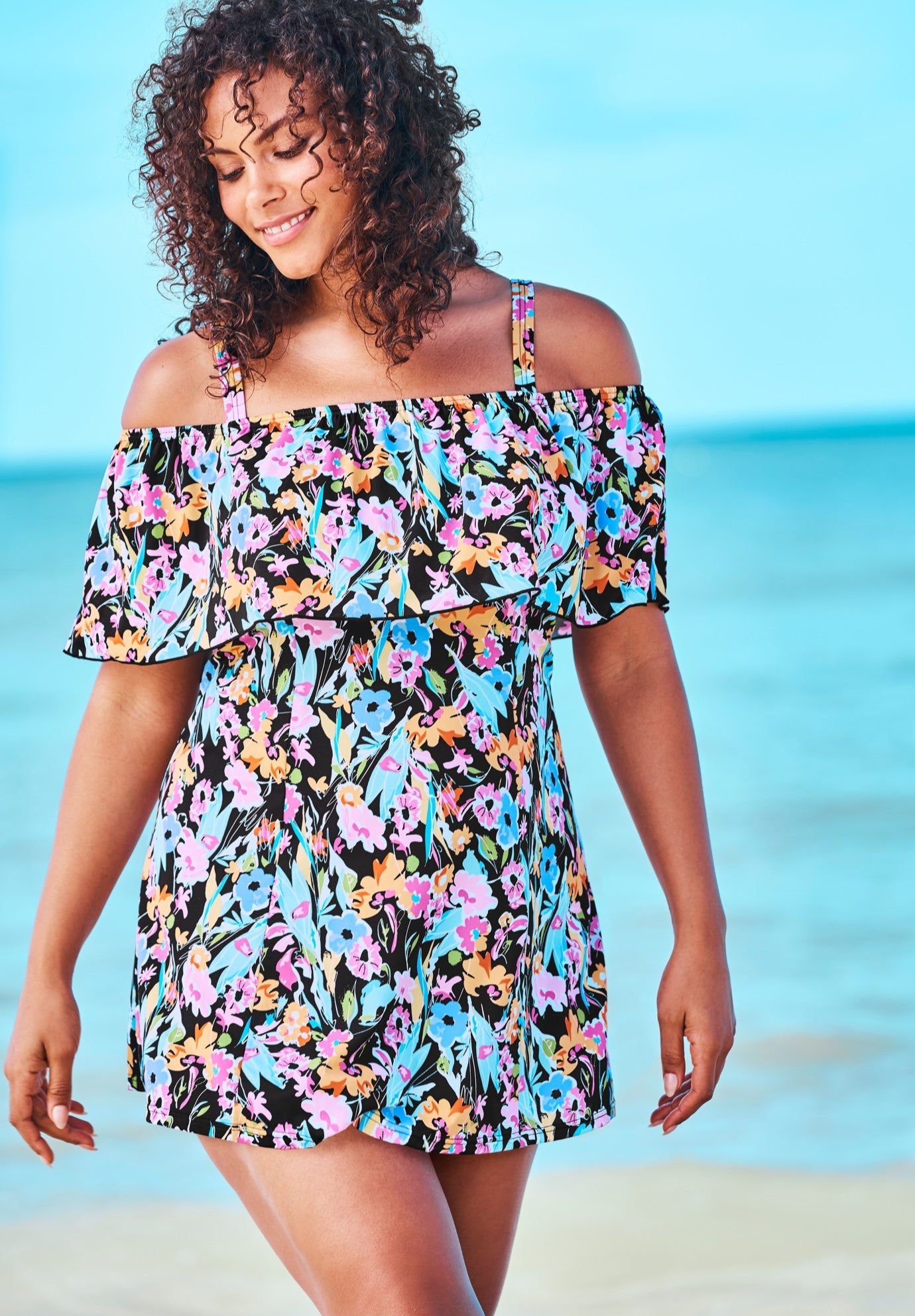 Off-The-Shoulder Flounce Swim Dress | Catherines