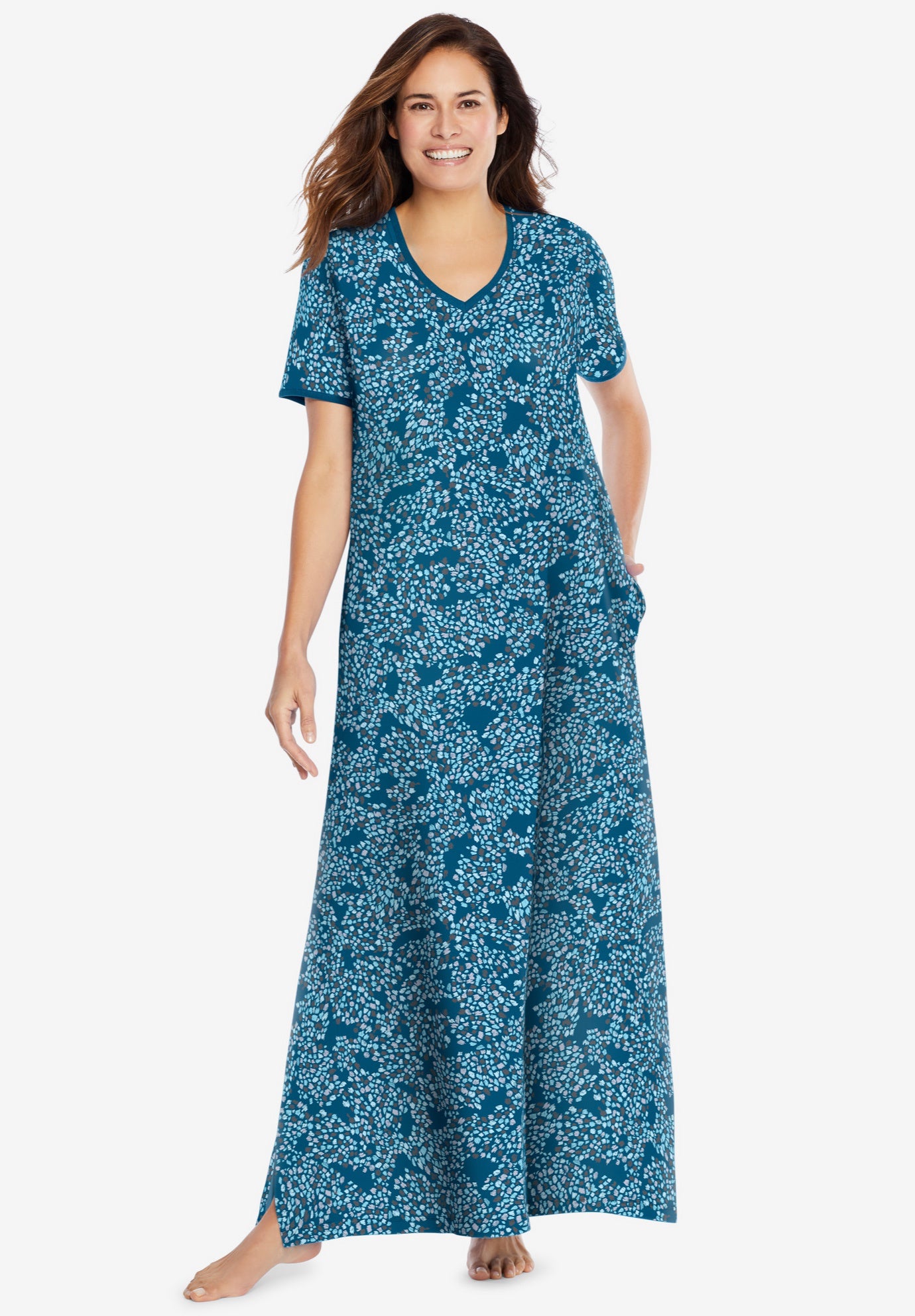 Maxi Lounge Dress - Long T-Shirt Style, Deep Lagoon Animal | Catherines