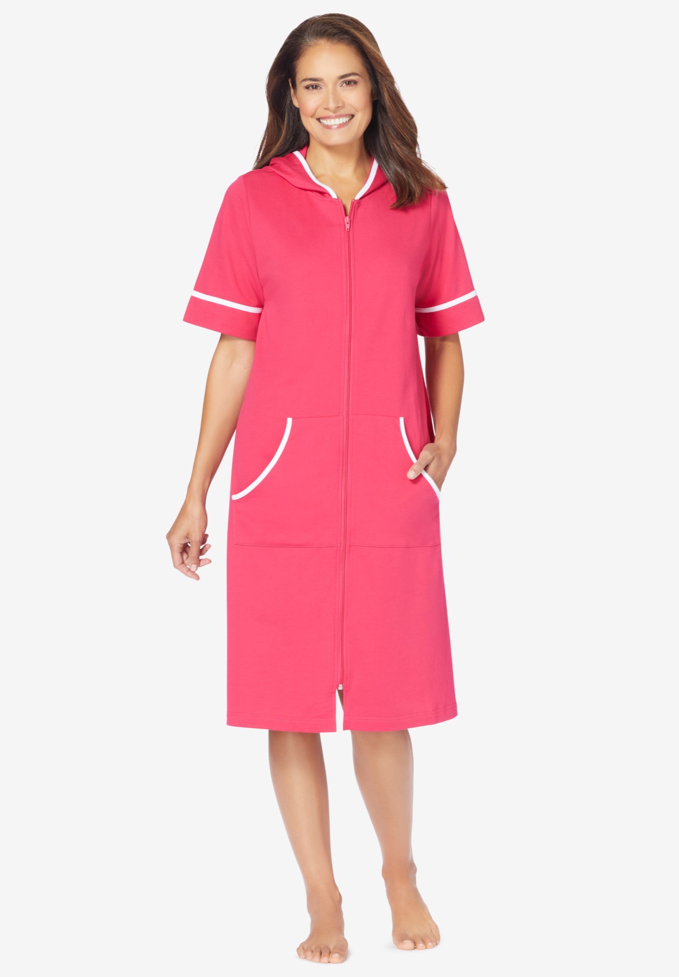 Short French Terry Robe with Hood and Pockets, Heather Grey | Catherines