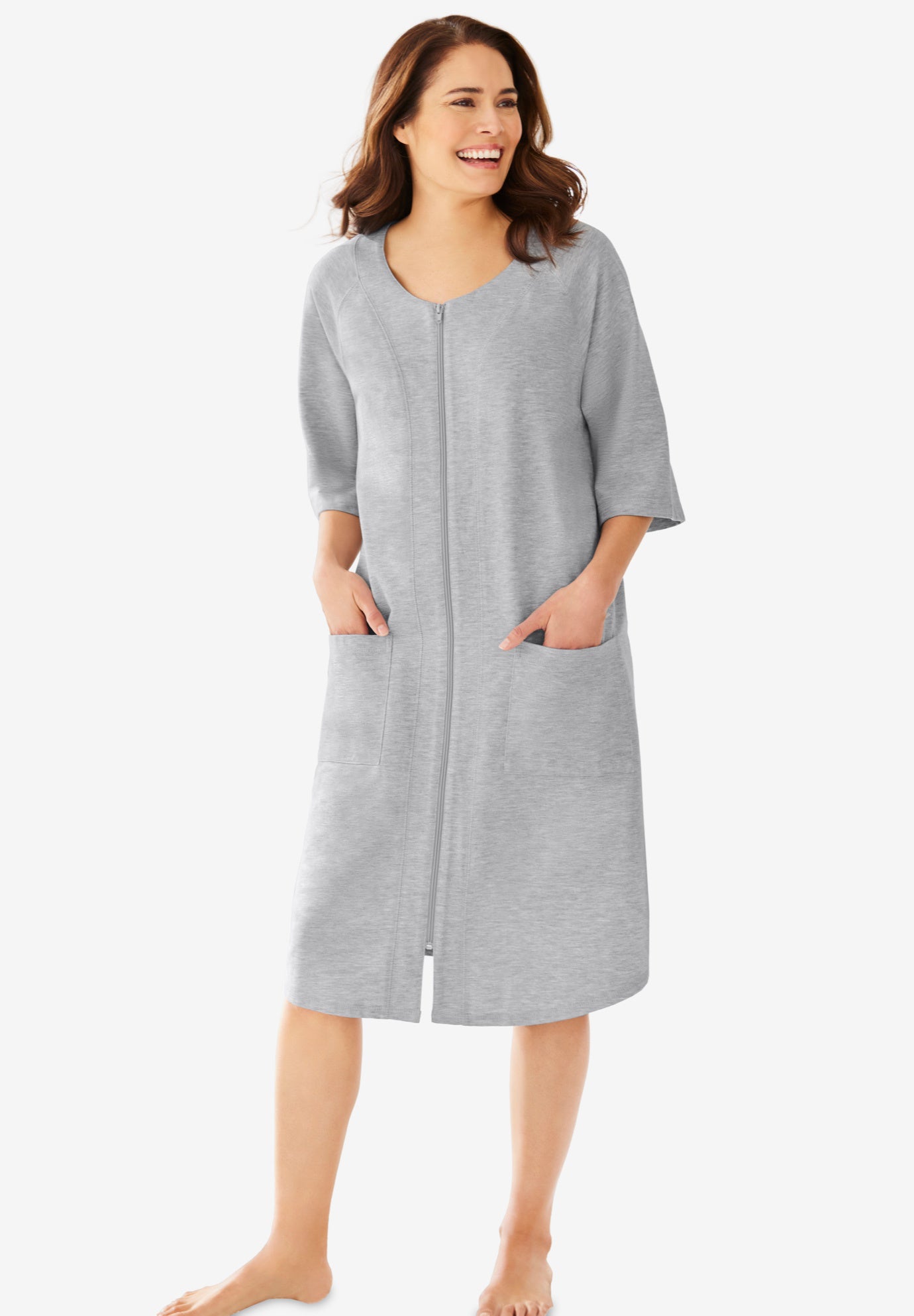 French Terry Zip-Front Robe - Lounge Essential, Heather Grey | Catherines