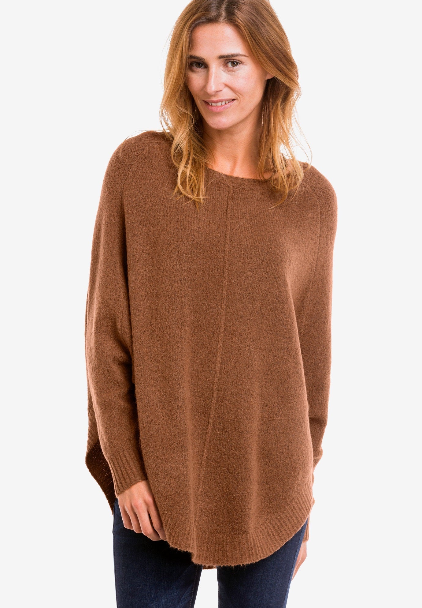 Elegant Ribbed Poncho Sweater for Layering, Chestnut Brown | Catherines
