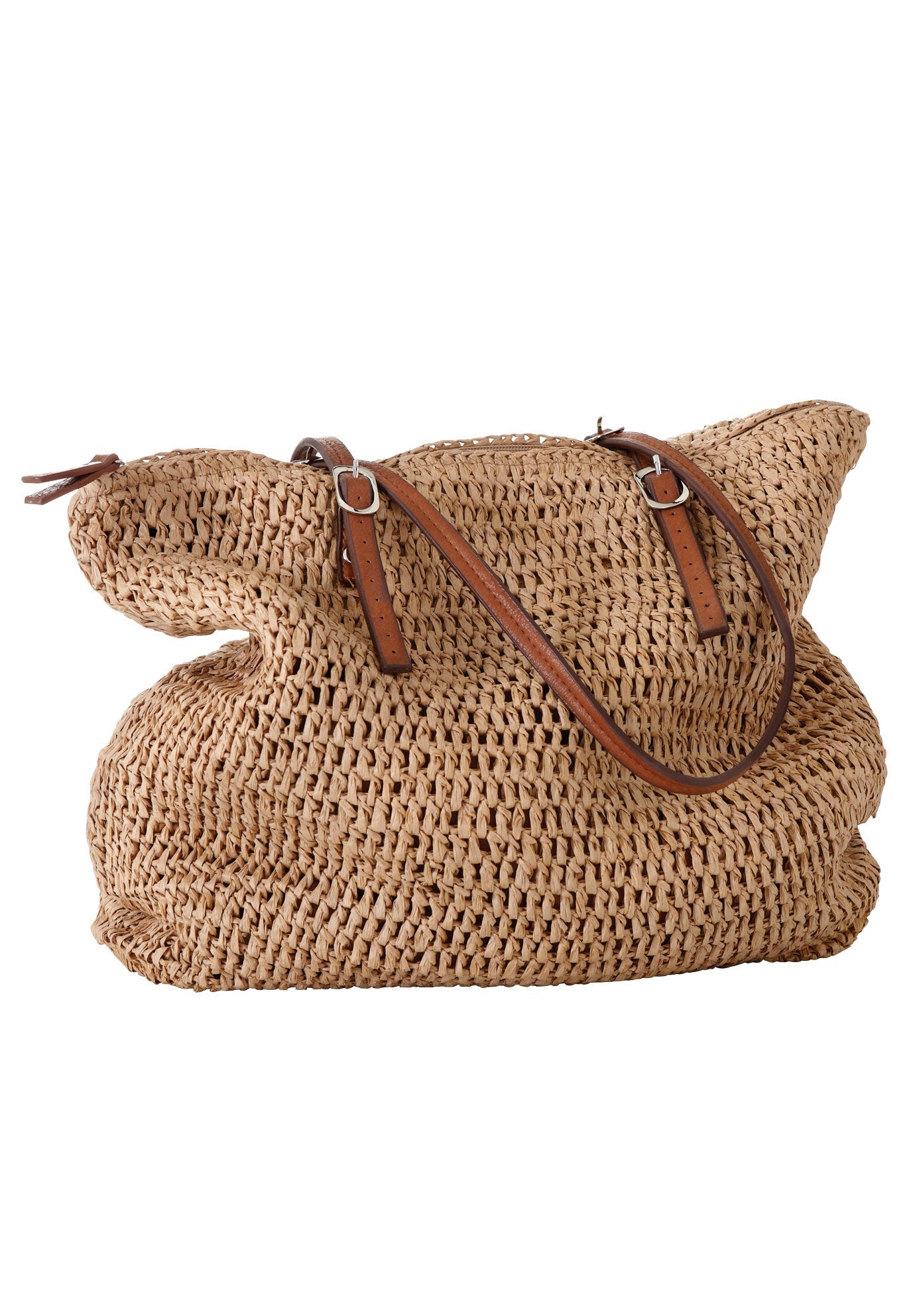 Zip Top Straw Bag with Adjustable Straps, Natural | Catherines