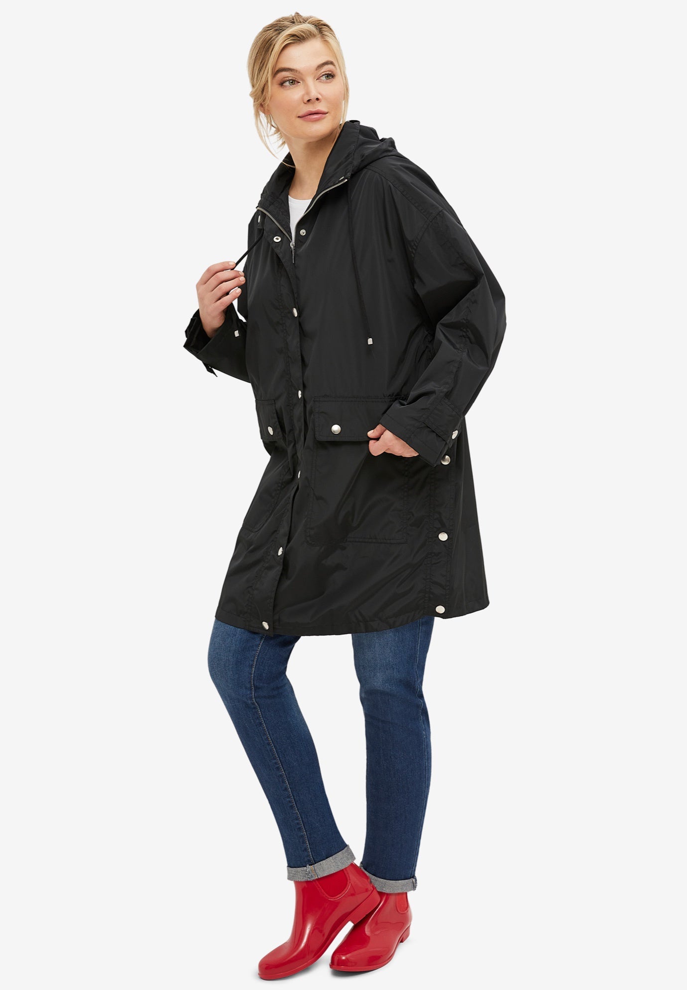 Hooded A-Line Raincoat Lightweight Rainwear, Black | Catherines