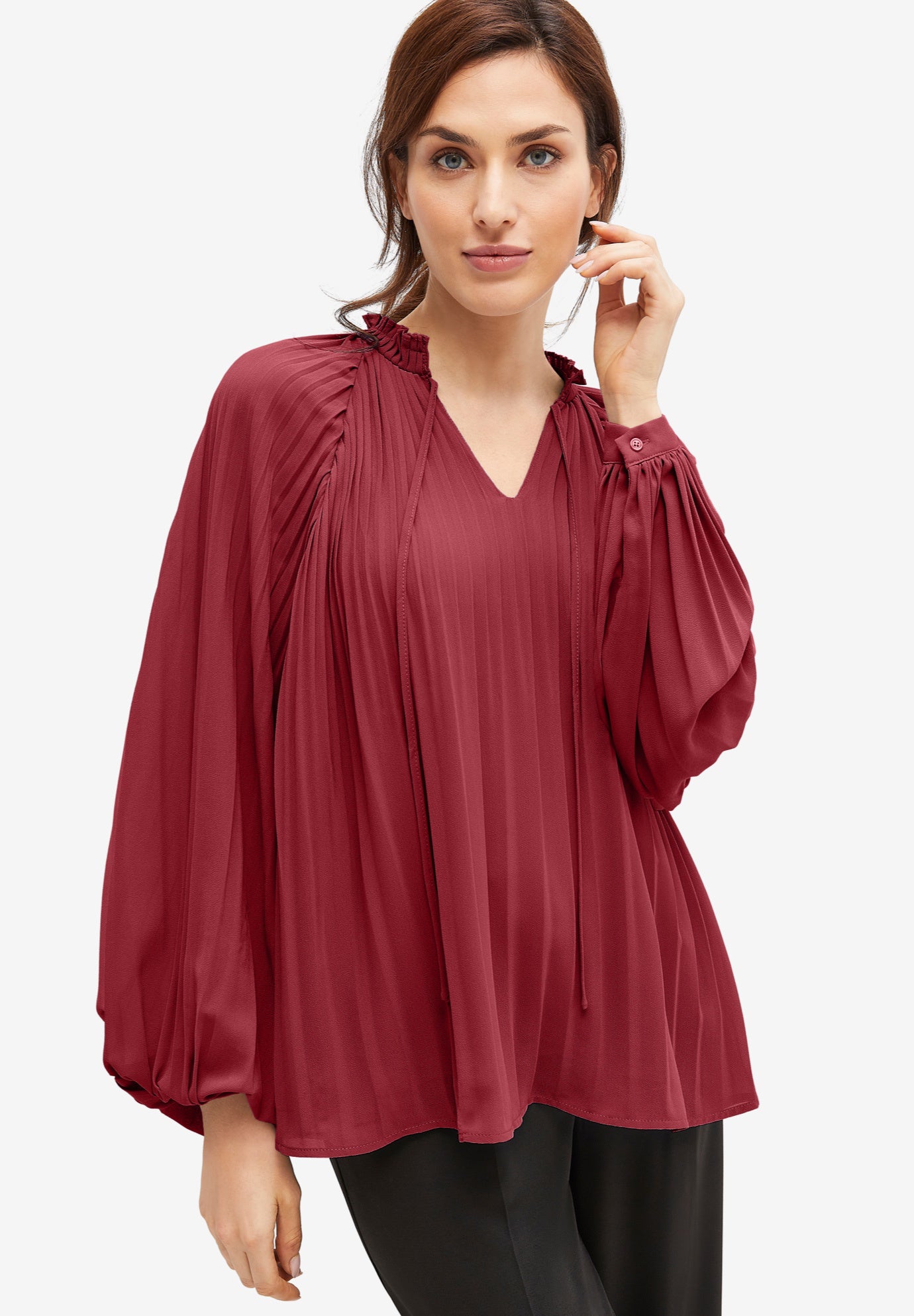 Pleated Full Sleeve Blouse - Vertical Pleats, Burgundy | Catherines